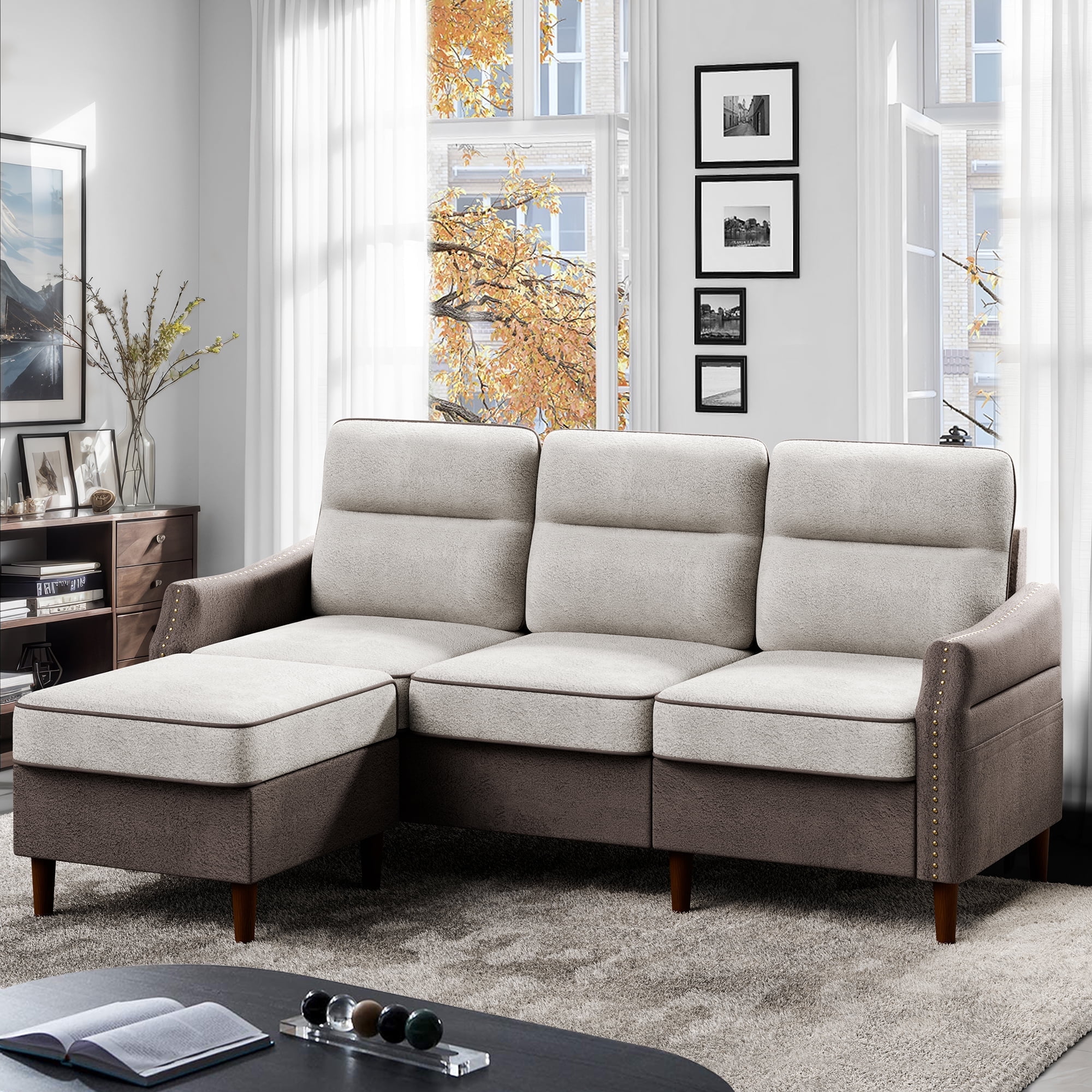Walsunny 78” L Shaped Sofa, 3-Seat Sectional with Reversible Ottoman ...