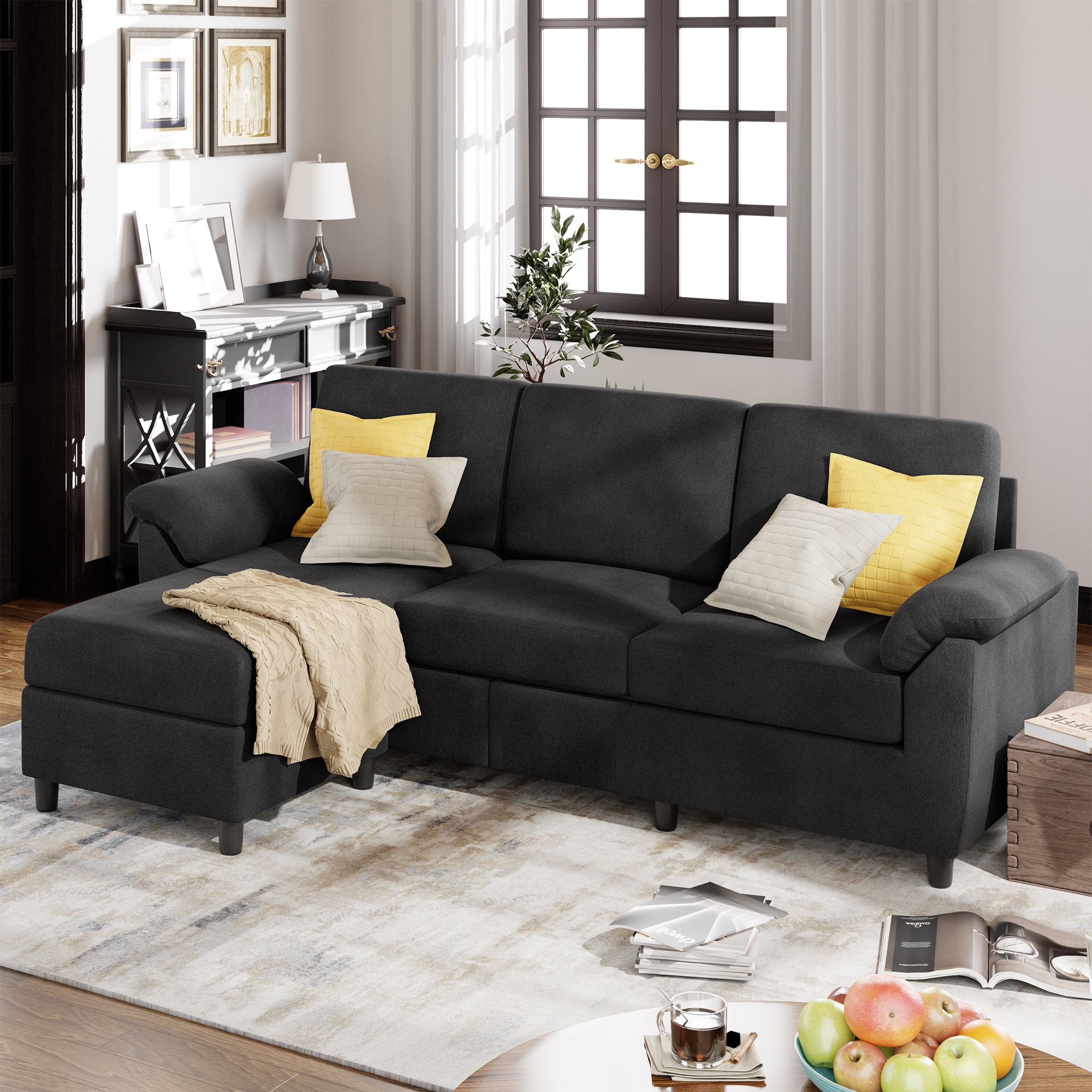 "Walsunny 79"" Reversible Small Space Black Sectional Sofa Couch, Linen ...