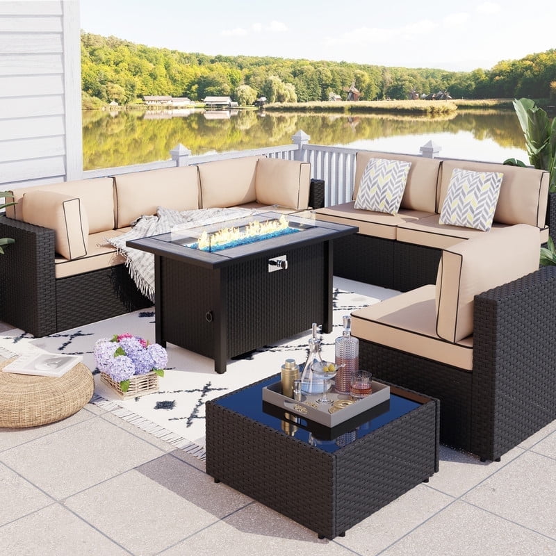 Walsunny 8 Pieces Patio Wicker Rattan Fire Pit Furniture Conversation ...