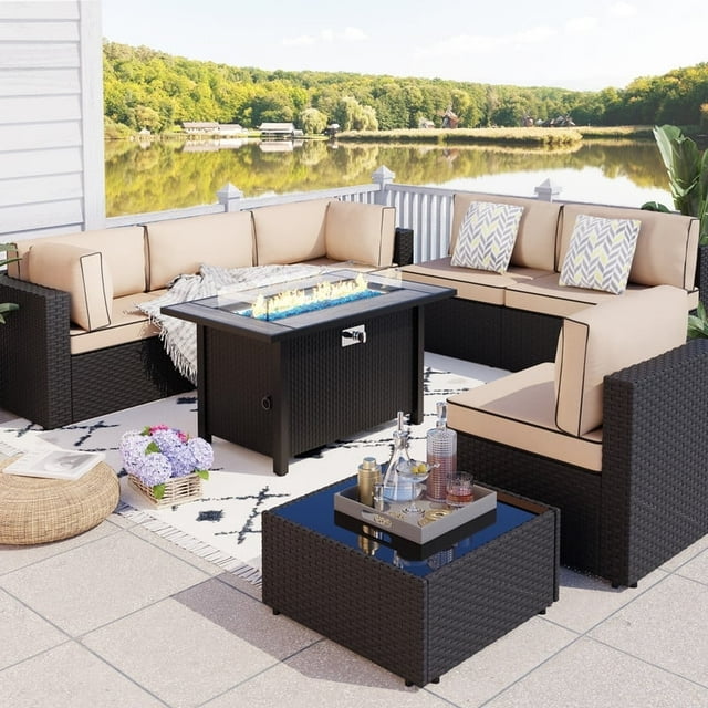 Walsunny 8 Pieces Patio Wicker Rattan Fire Pit Furniture Conversation ...