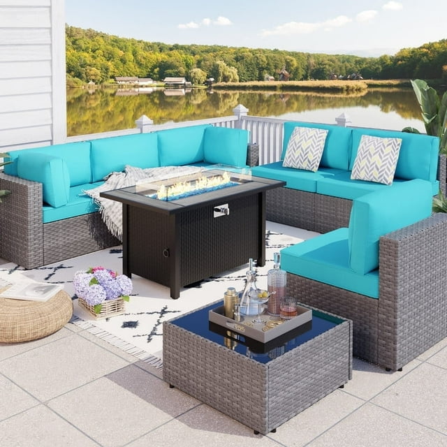 Walsunny 8 Pieces Patio Wicker Rattan Fire Pit Furniture Conversation ...