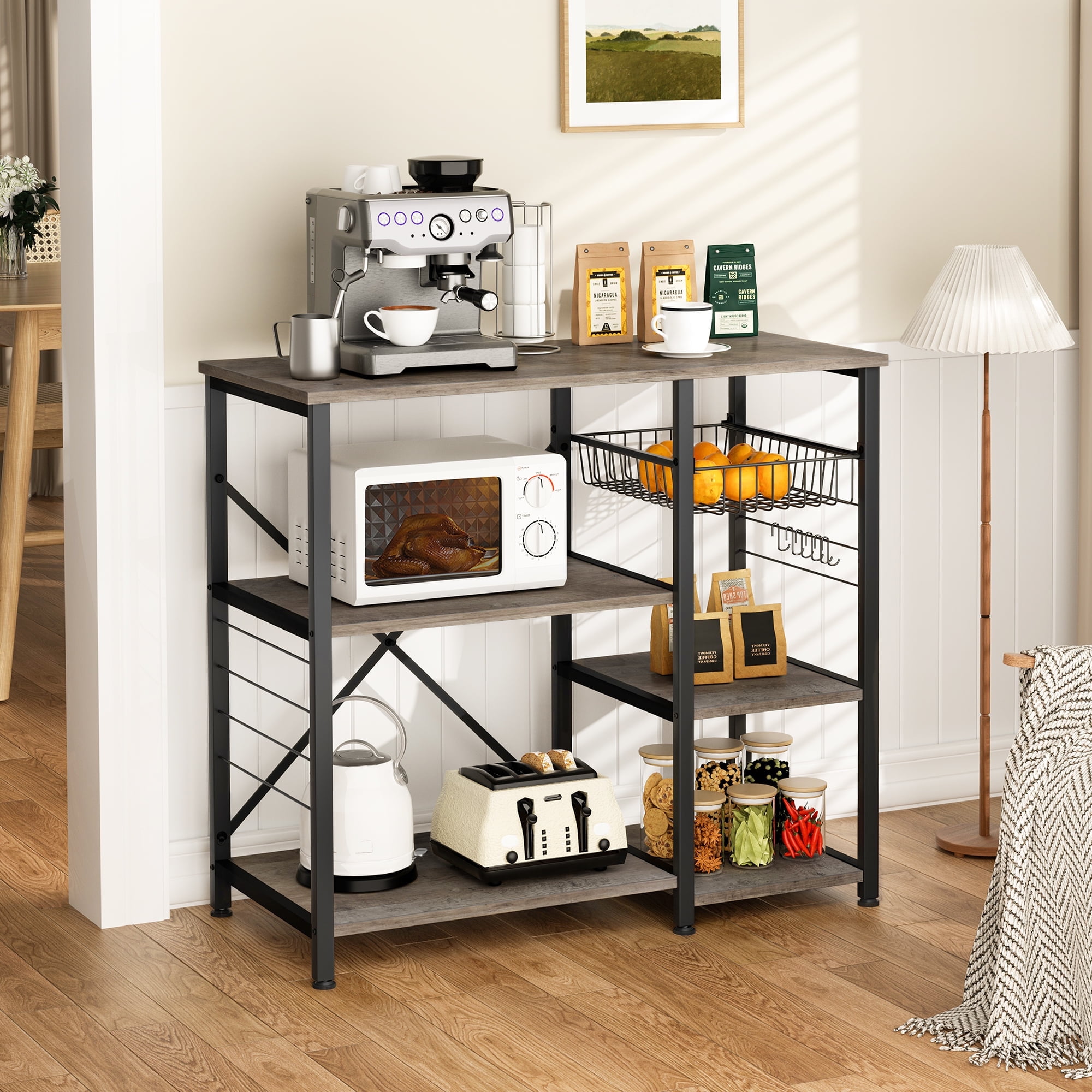 Walsunny 5-Tier Industrial Kitchen Storage Shelf, Bakers Rack with 6 S ...