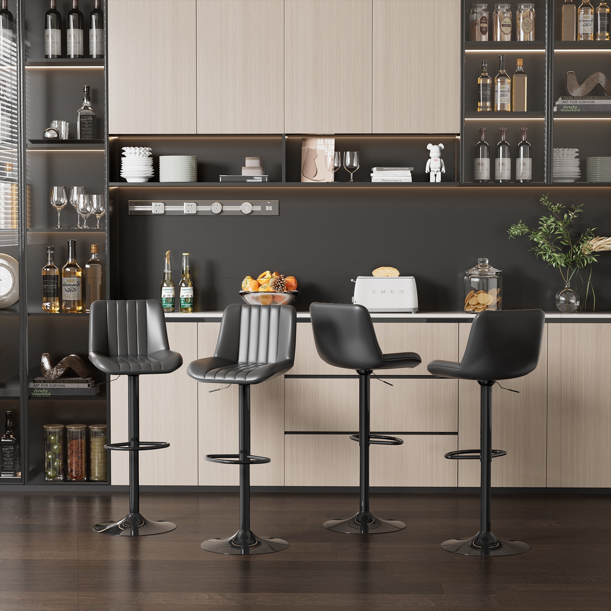 Walsunny Set of 4 Adjustable Leather Bar Stools with Metal Backs for ...