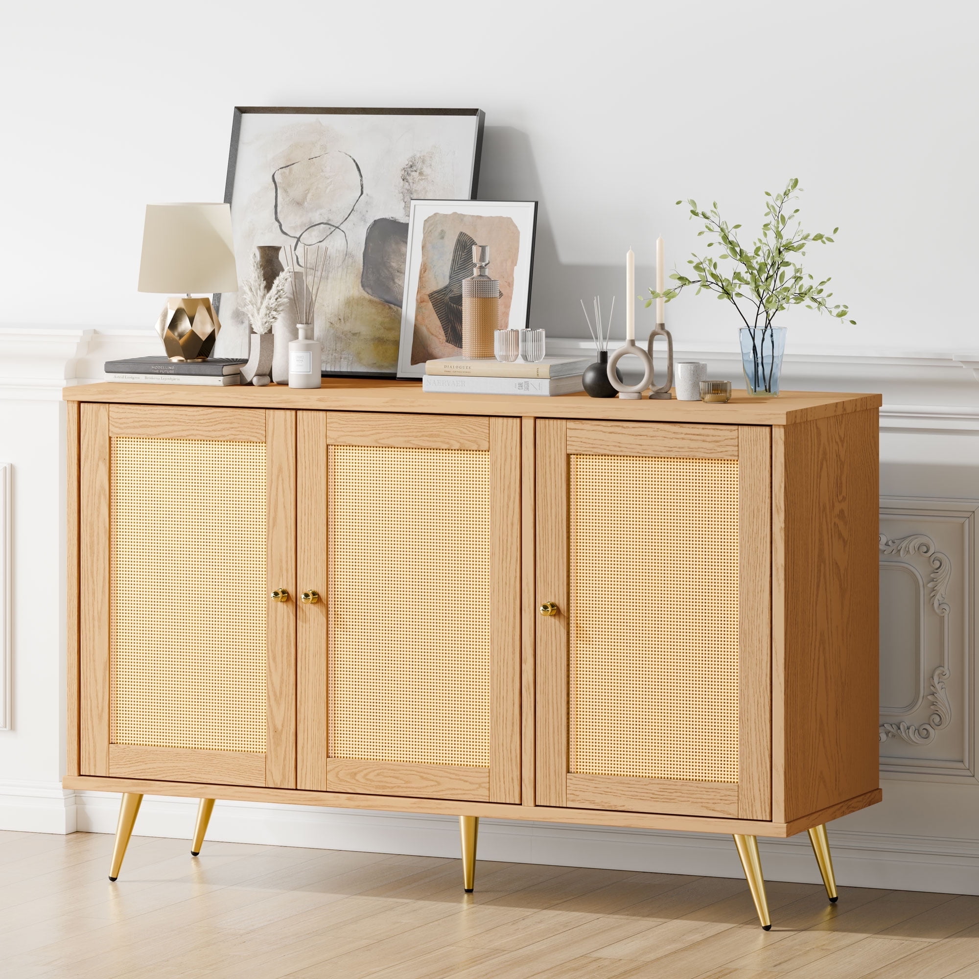 KUOESYN Rattan Sideboard Buffet Cabinet with Adjustable Shelves, Metal ...