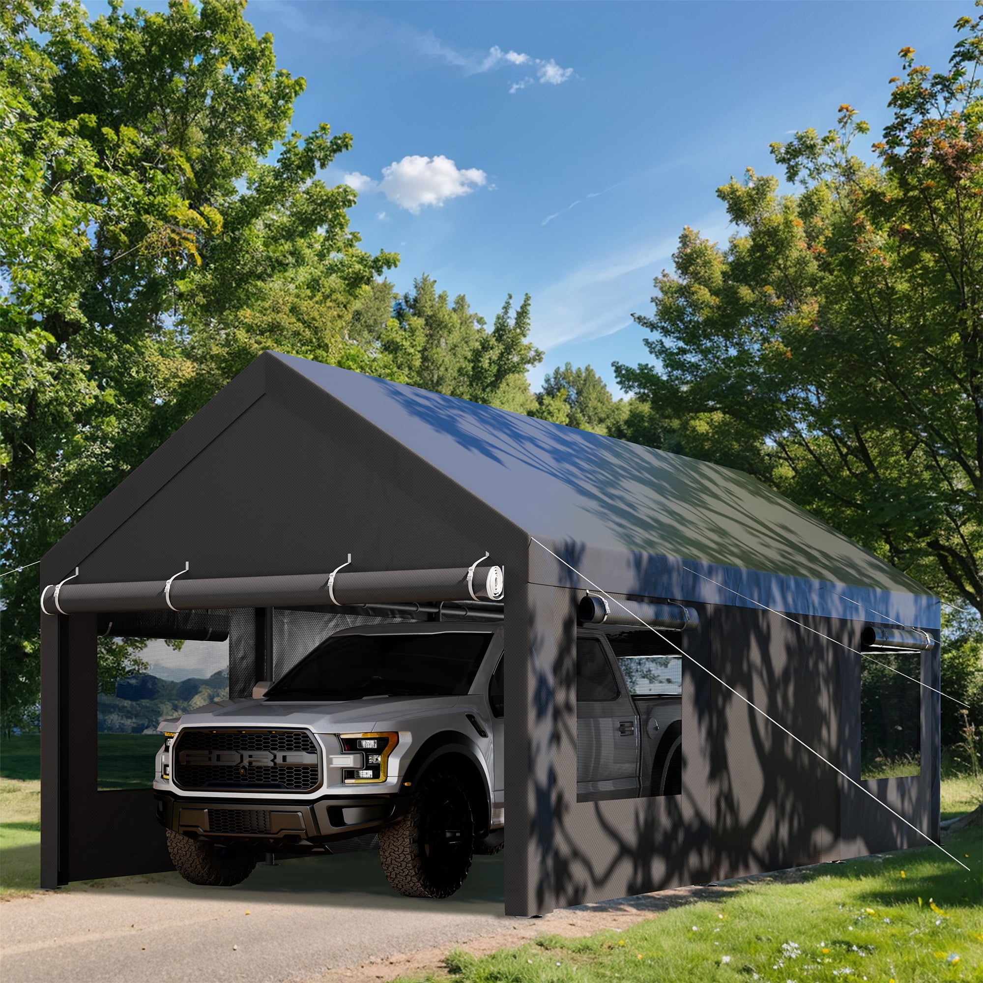 Walsunny Carport 10x18.5 ft Heavy Duty Canopy with Roll-up Windows ...