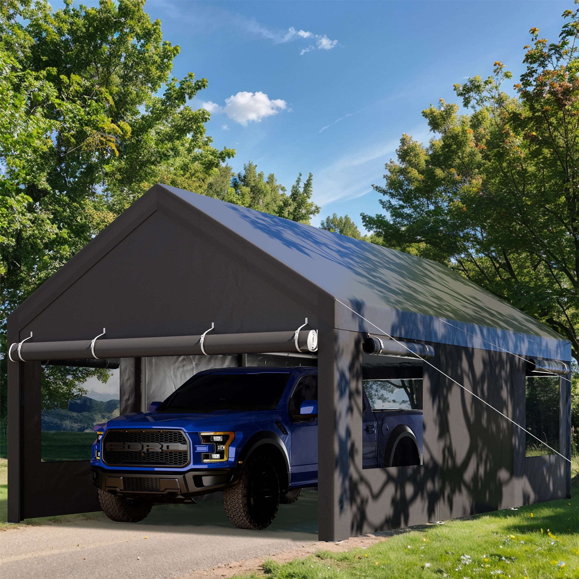 Walsunny Carport 12x20 ft Heavy Duty Car Canopy with Roll-up Windows ...