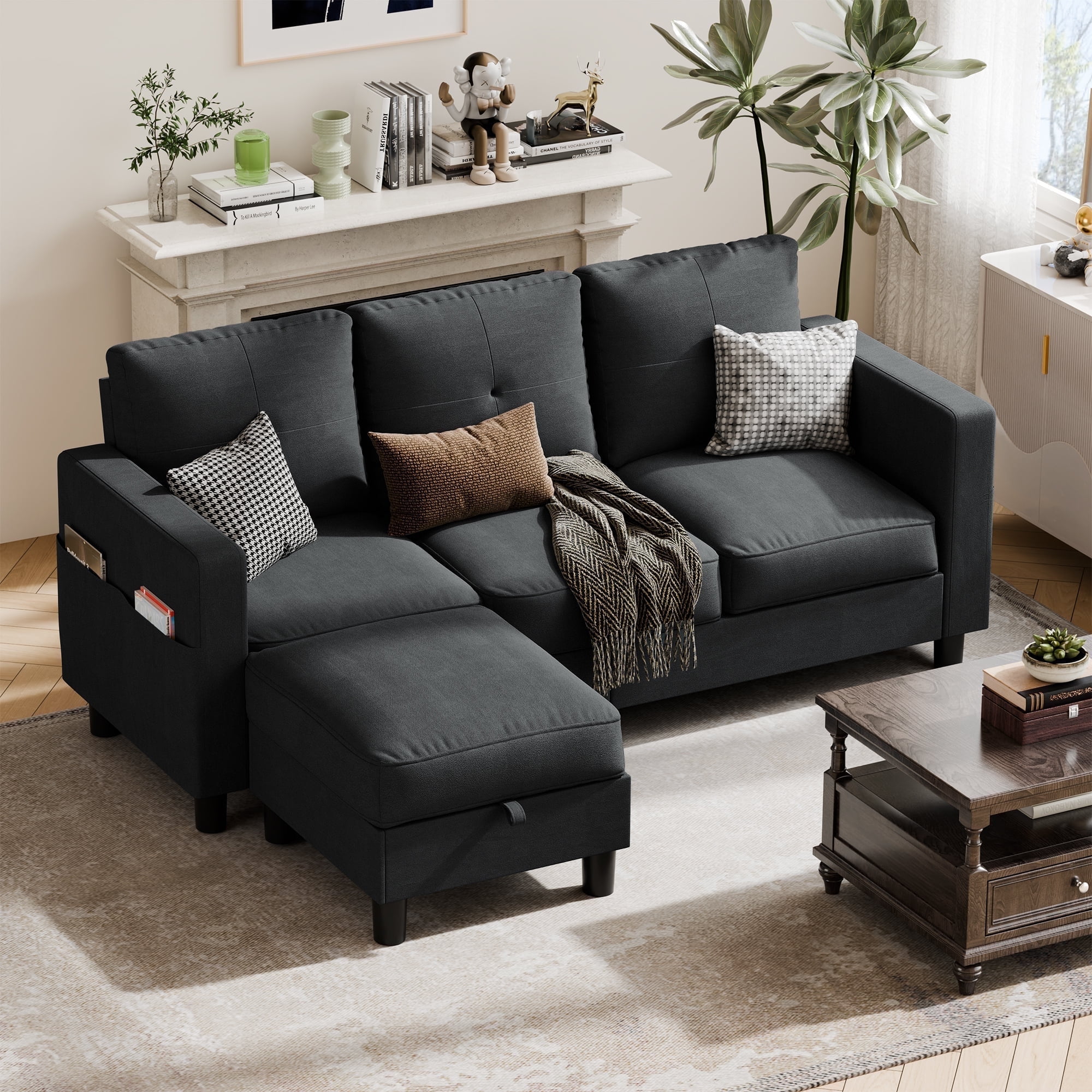 Walsunny Convertible Sectional Sofa Couch L Shaped Couch Sofa for Living Room Small 3 Seater Sofa Couch with Storage Ottoman and Side Pockets Dark