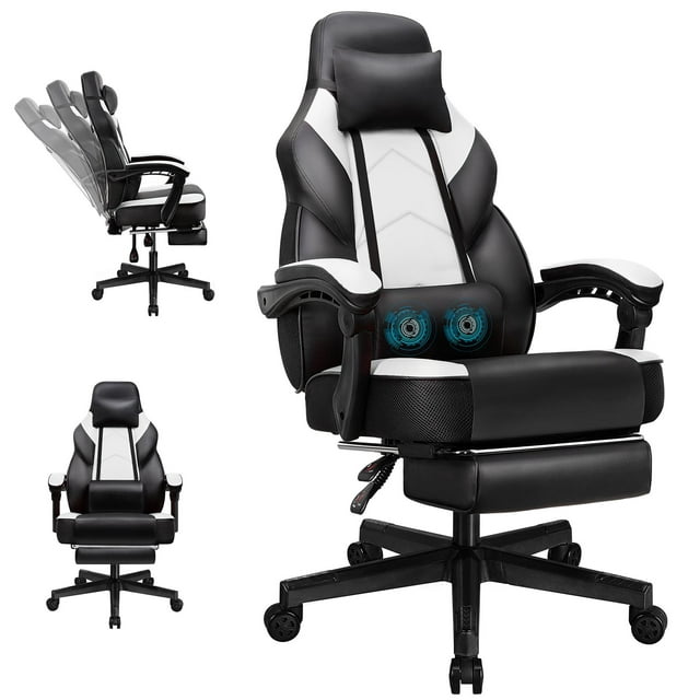 Walsunny Gaming Chairs with Footrest, Massage Leather Game Chair for Adults Big and Tall Gamer ...