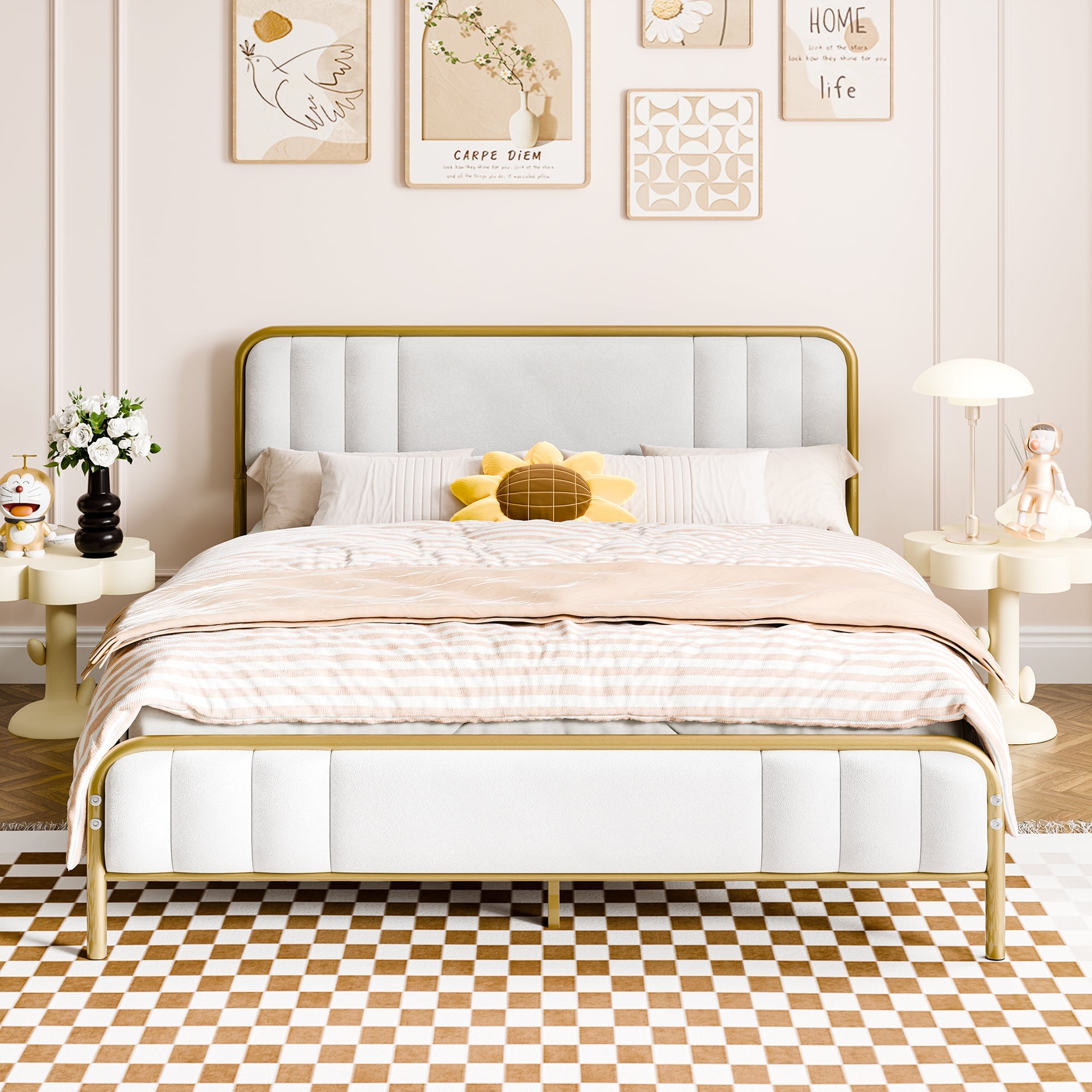 Walsunny Gold Full Size Bed Frame with Velvet Fabric Headboard, Metal ...