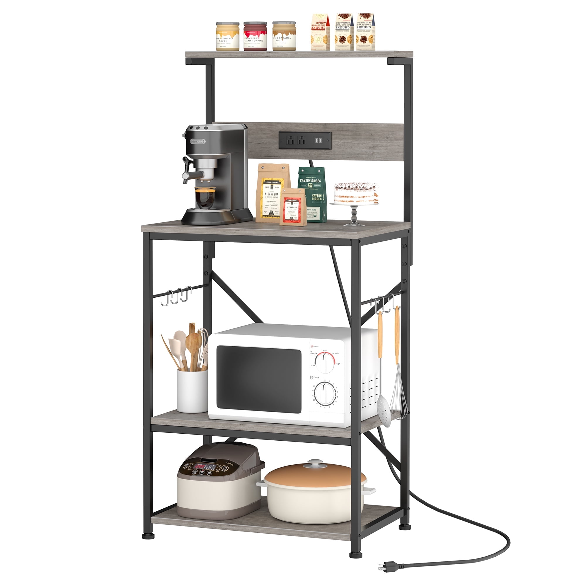 Walsunny 4-Tier Kitchen Bakers Rack with Storage, Power Outlet, 6 S-hooks, Microwave Stand, Gray ...