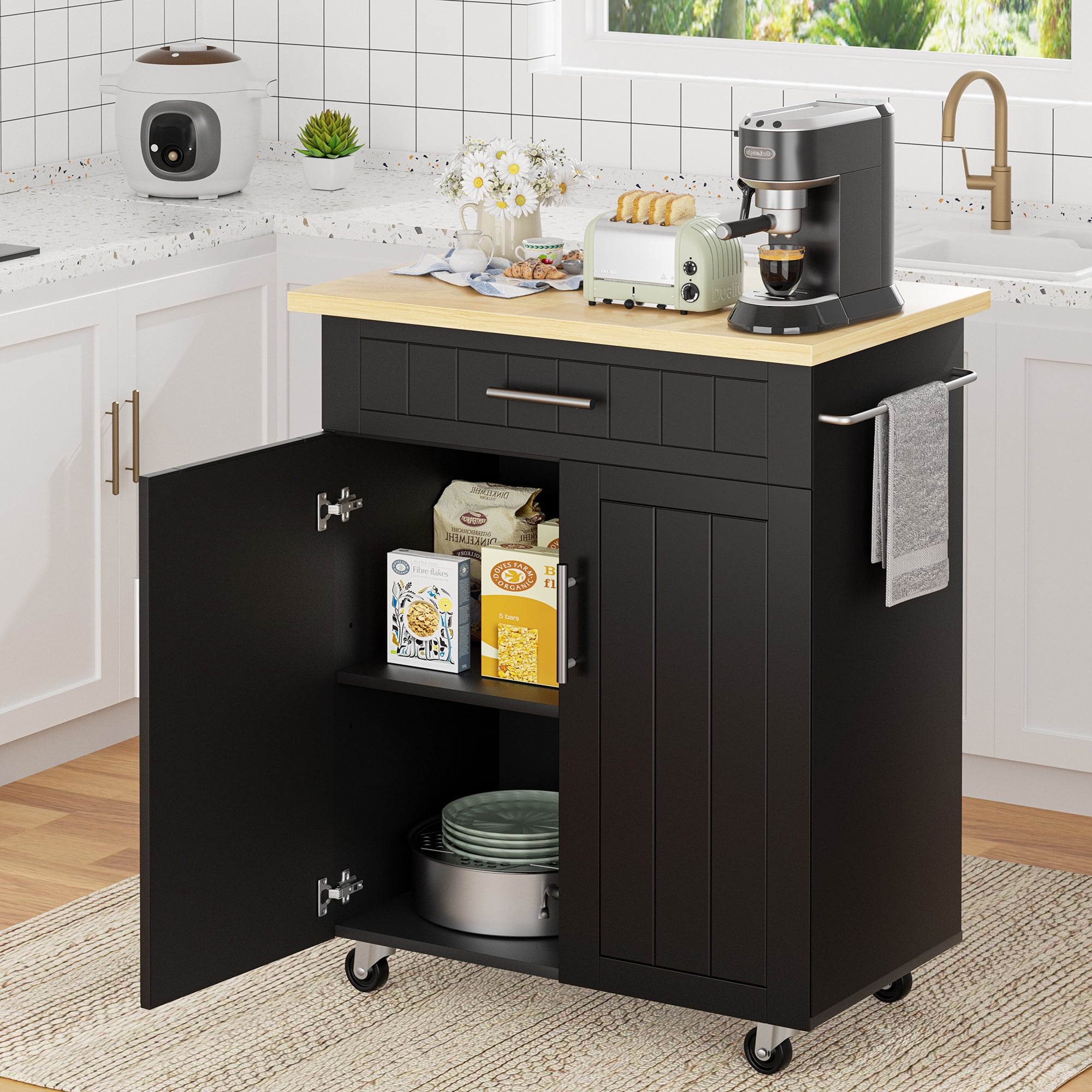 Walsunny Kitchen Cart with Lockable Casters, Cupboard, Drawer and ...
