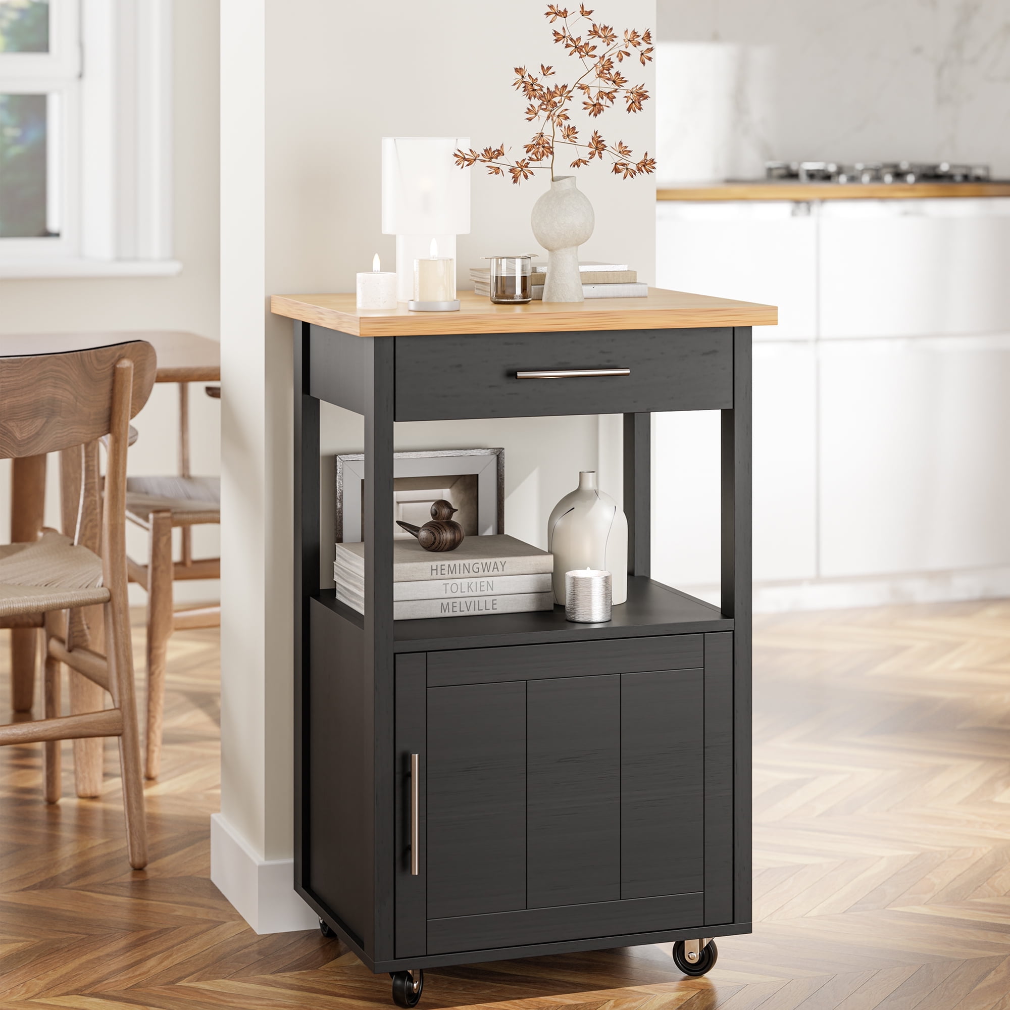 Walsunny Kitchen Island on Wheels with Storage, Black Rolling Kitchen ...