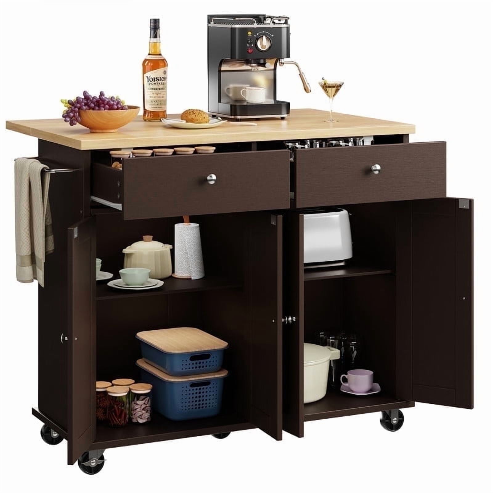 Walsunny Kitchen Islands Carts with Drop Leaf Table 2 Drawers 5 Wheels ...