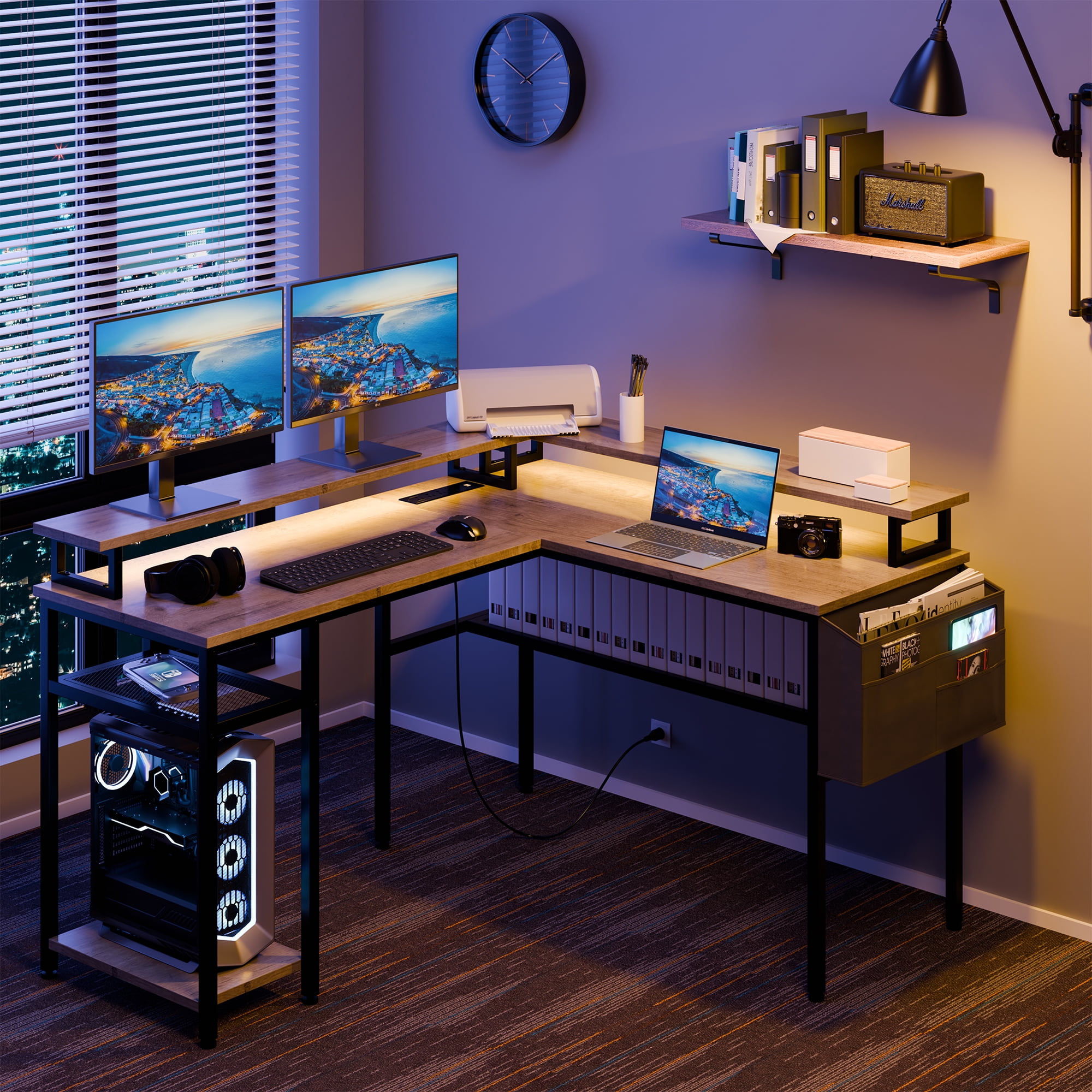 Walsunny L Shaped 55 inch LED Gaming Desk with Outlets & USB Ports ...