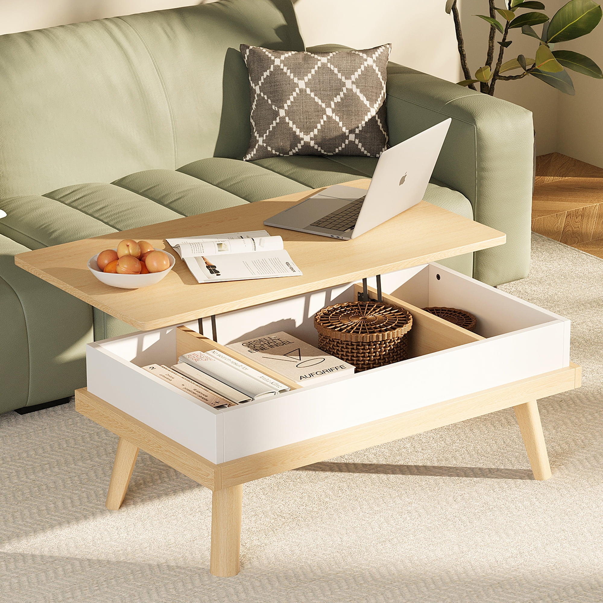 Walsunny Wooden Multi Purpose Lift Top Coffee Table with Hidden Storage for Living Room 39.4 Oak Walmart
