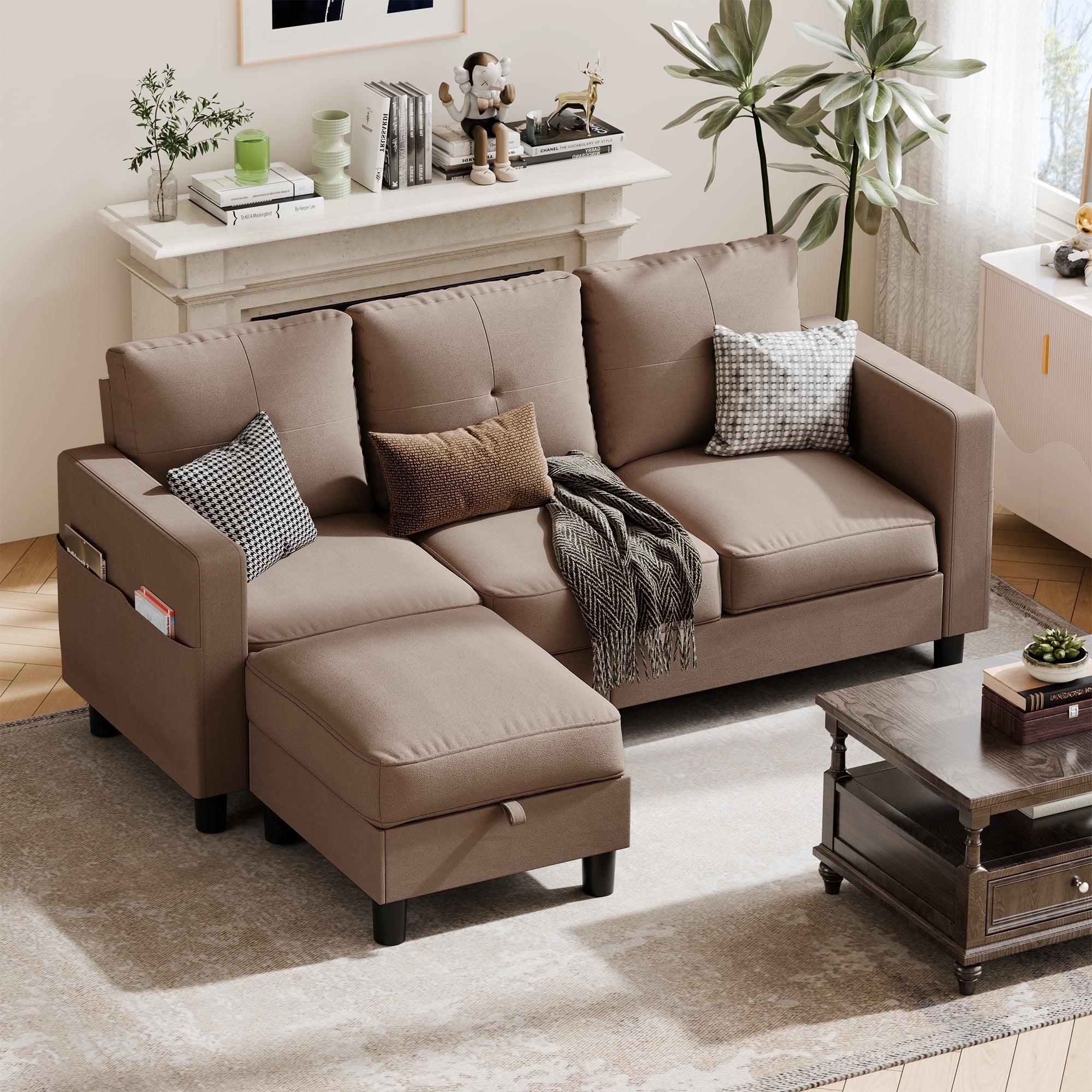 Walsunny Linen Easy to Assemble Sectional Sofa, Brown - Walmart.com