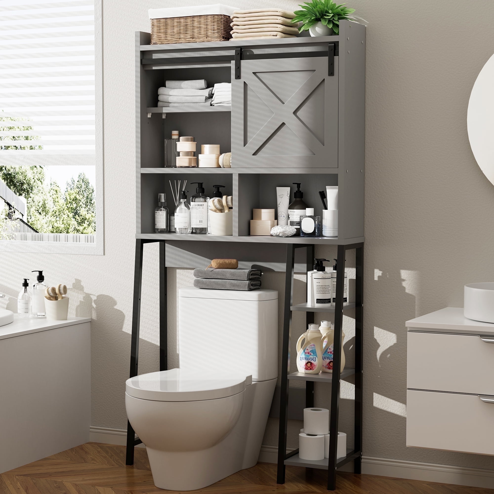 Walsunny Over the Toilet Storage Cabinet with Side Shelves Sliding Door ...