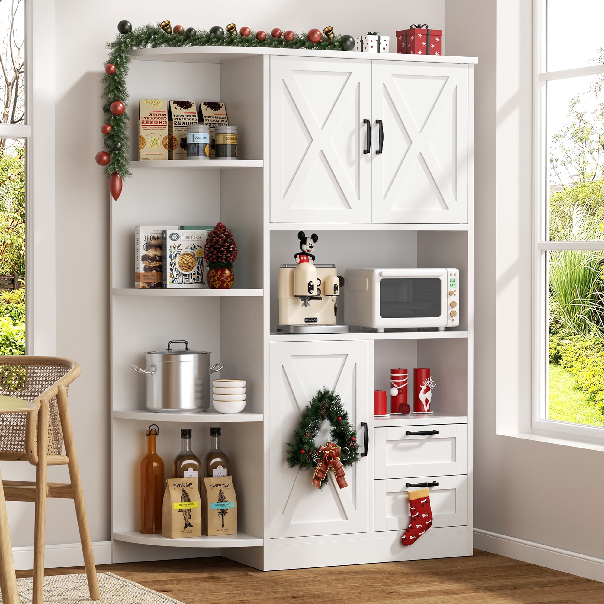 Walsunny Pantry Cabinets with Microwave Shelf Coffee Bar Counter Top 4 ...
