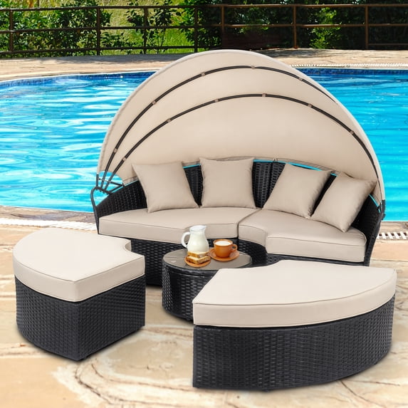 Walsunny Outdoor Round Daybed with Retractable Canopy, Wicker Rattan ...