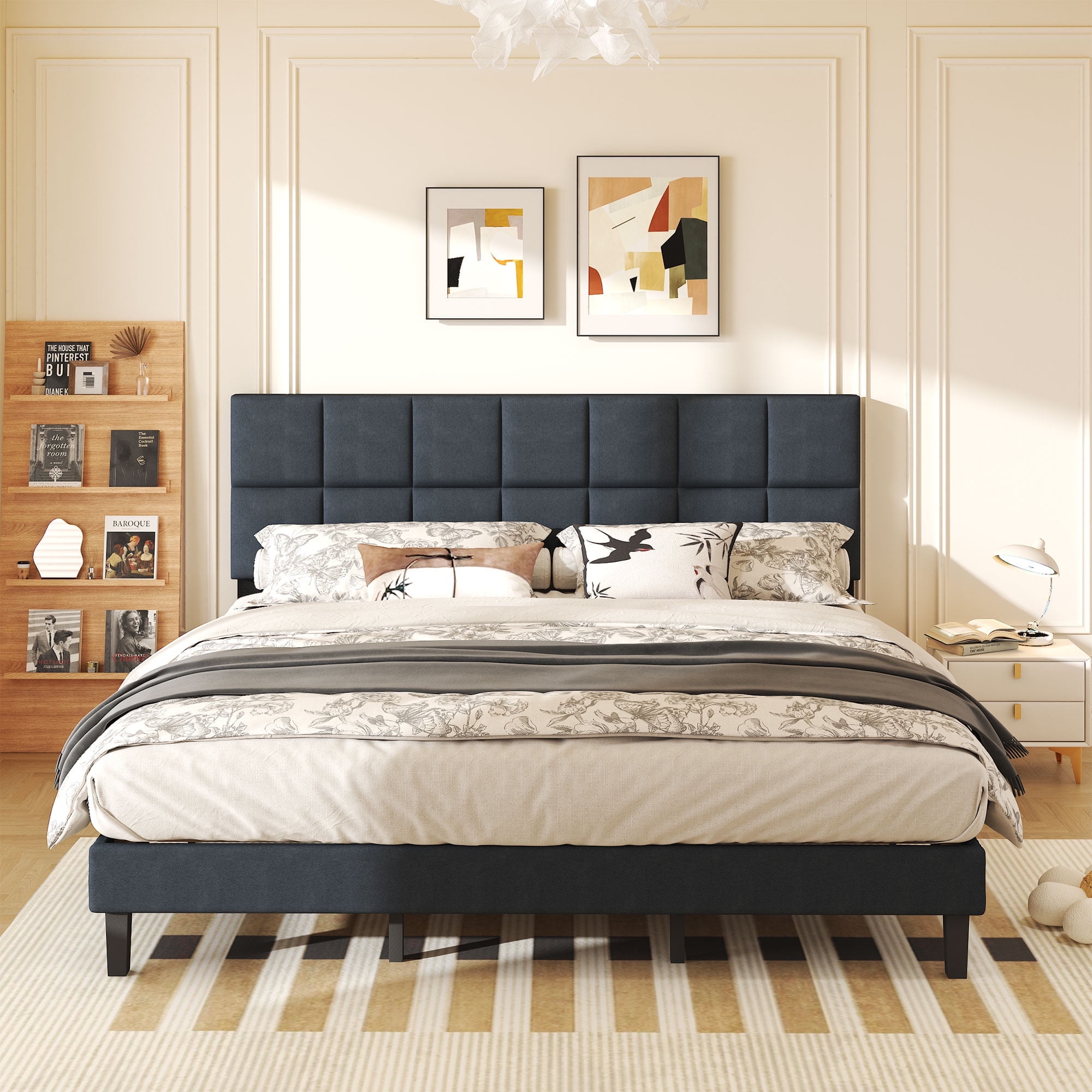 Walsunny Queen Size Platform Bed Frame with Fabric Headboard, Tufted ...