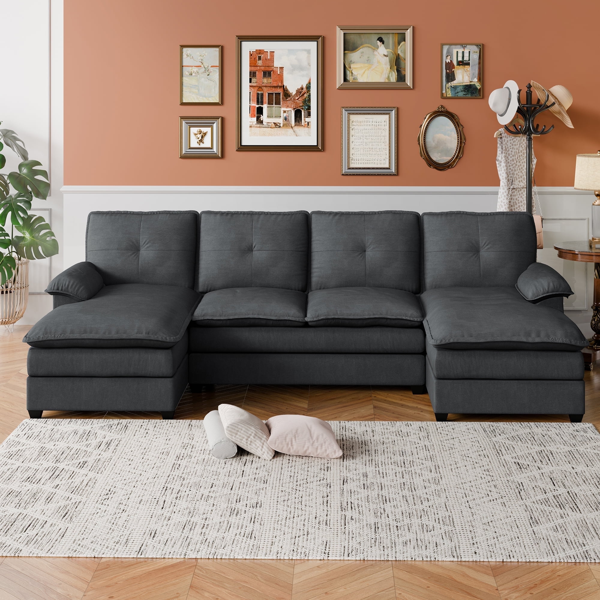 Walsunny Sectional Sofa Set, 110" U-Shaped Polyester Couch, 4 Seat ...