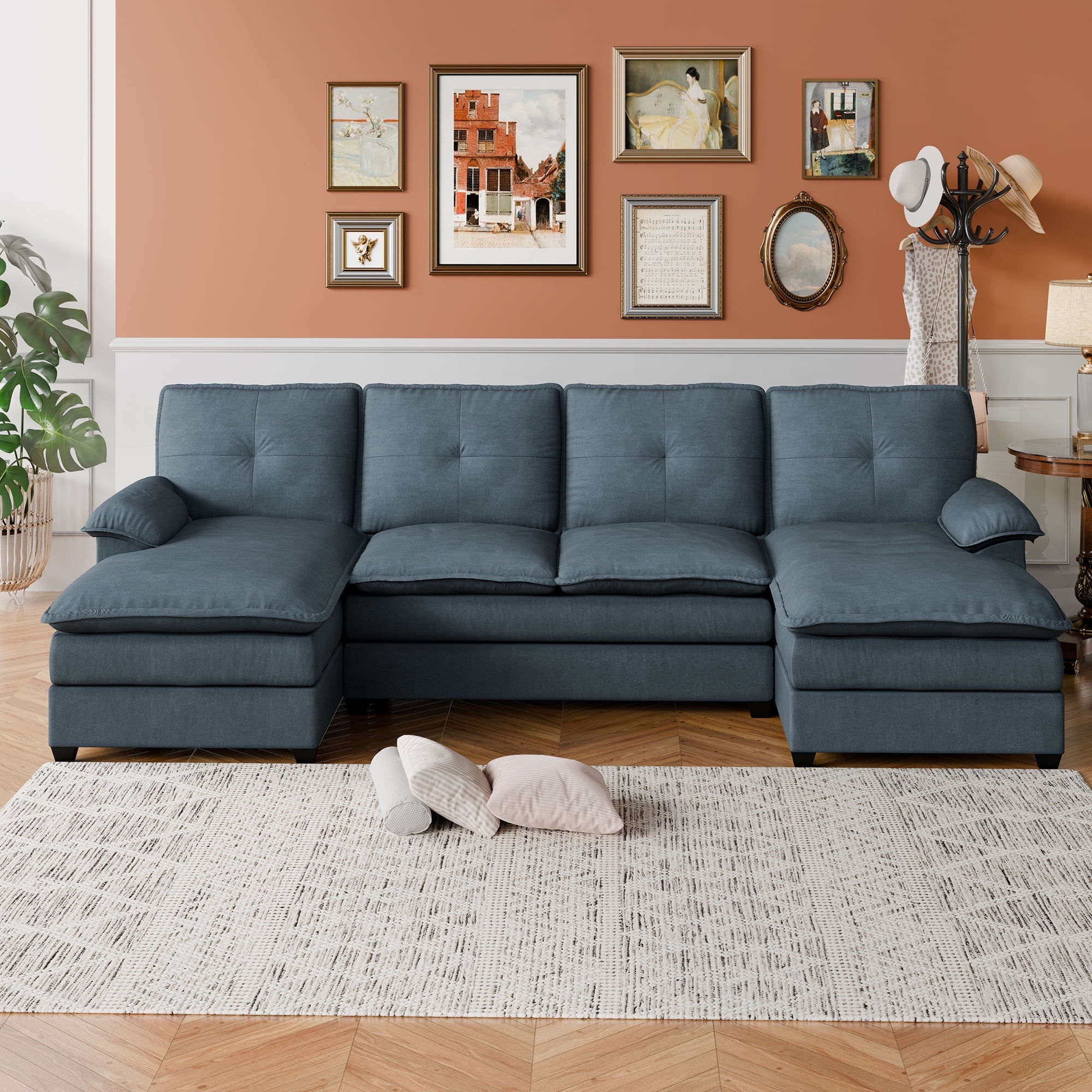Walsunny Sectional Sofa Set, 110" U-Shaped Polyester Couch, 4 Seat ...