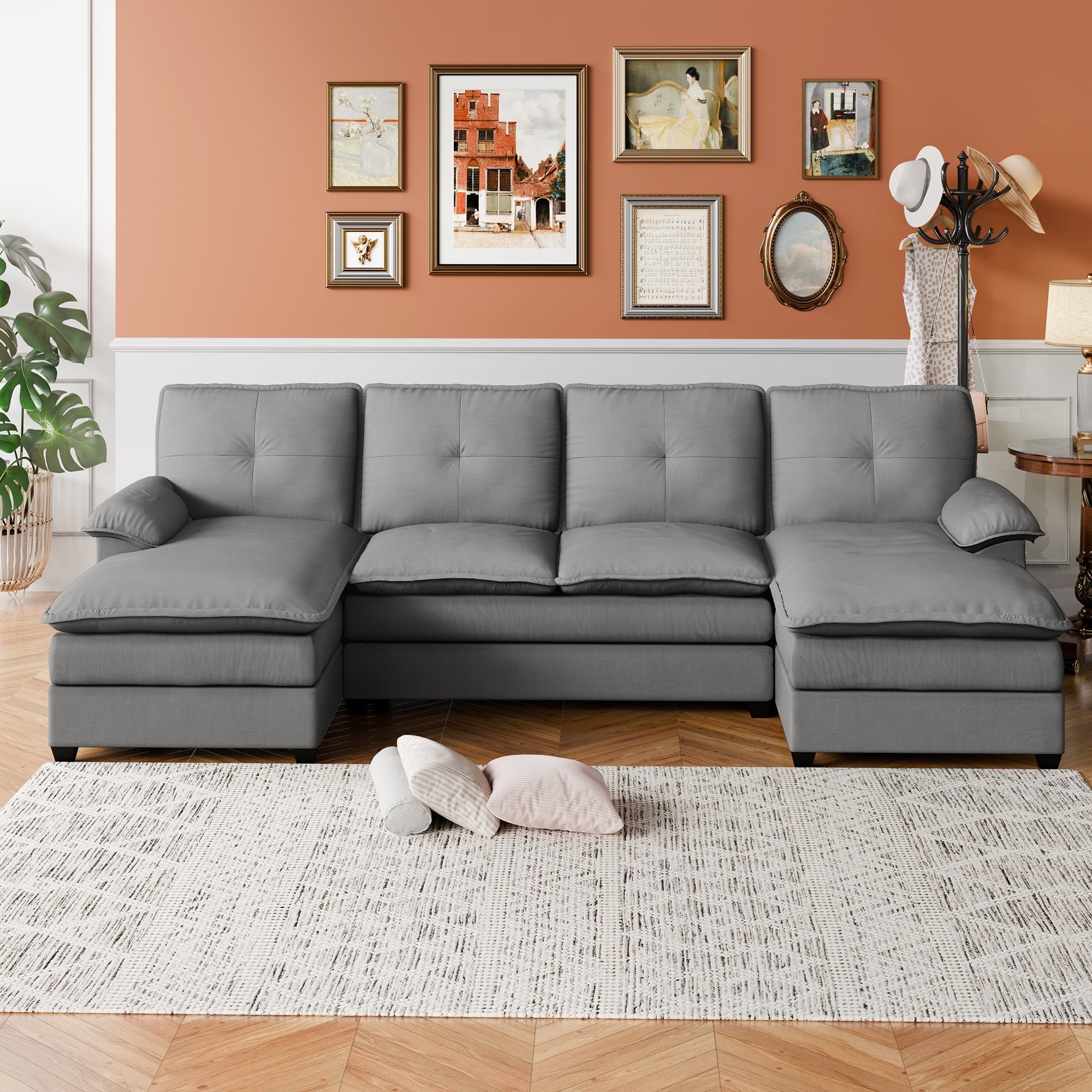 Walsunny Sectional Sofa Set, 110" U-Shaped Polyester Couch, 4 Seat ...