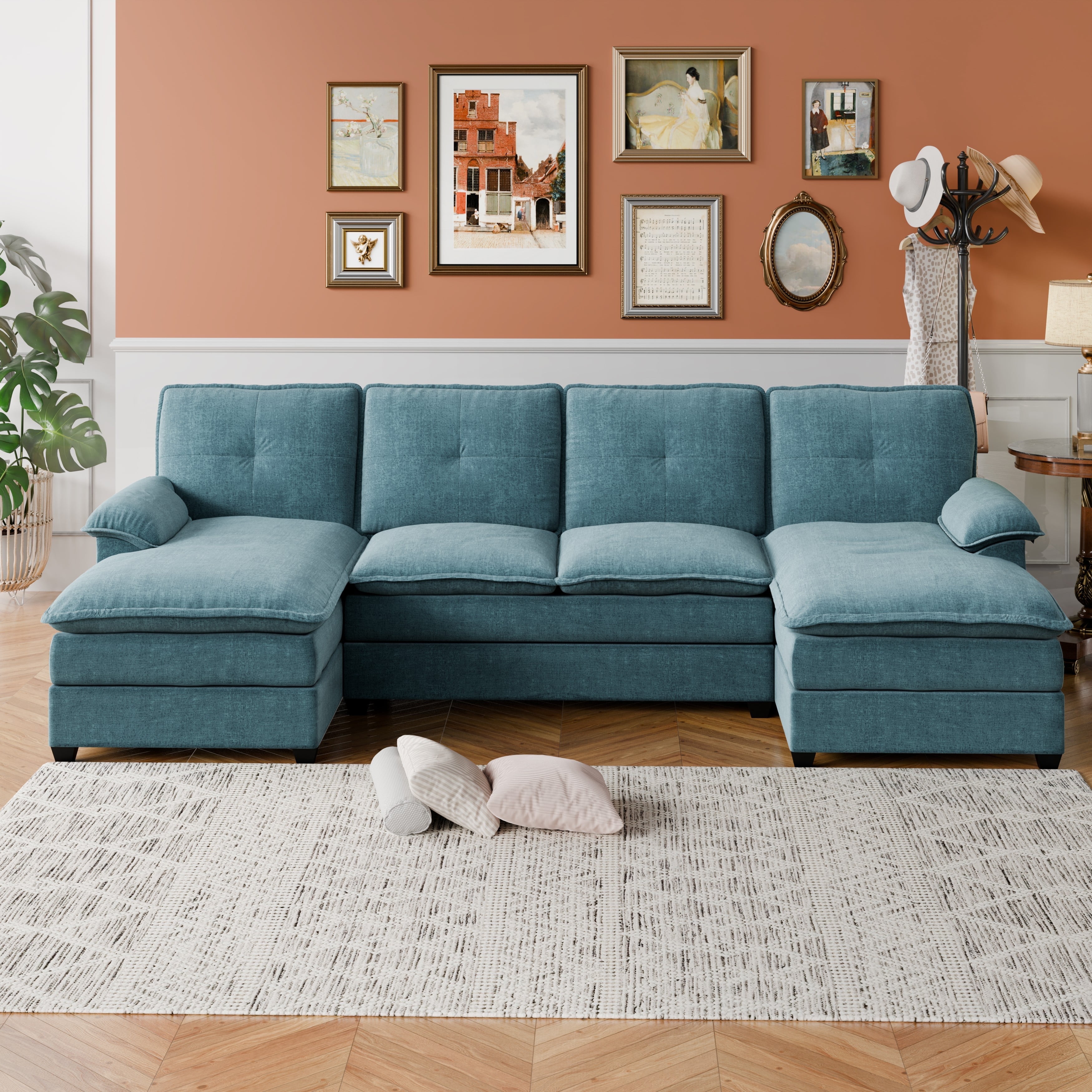 Walsunny Sectional Sofa Set, 110" U-Shaped Polyester Couch, 4 Seat ...