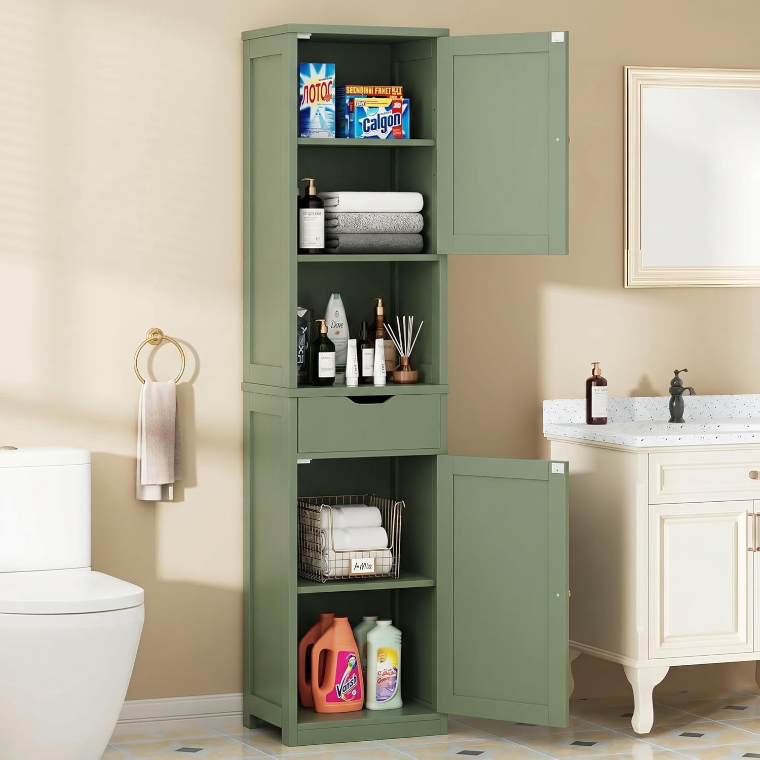 Walsunny Tall Bathroom Storage Cabinet with Freestanding Adjustable ...