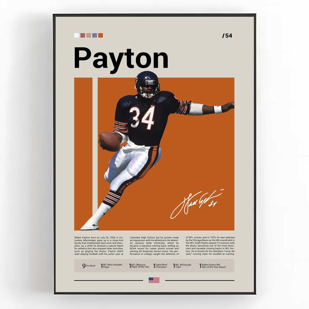 Walter Payton Poster, Chicago Print, Wall Art, Football Player Poster ...