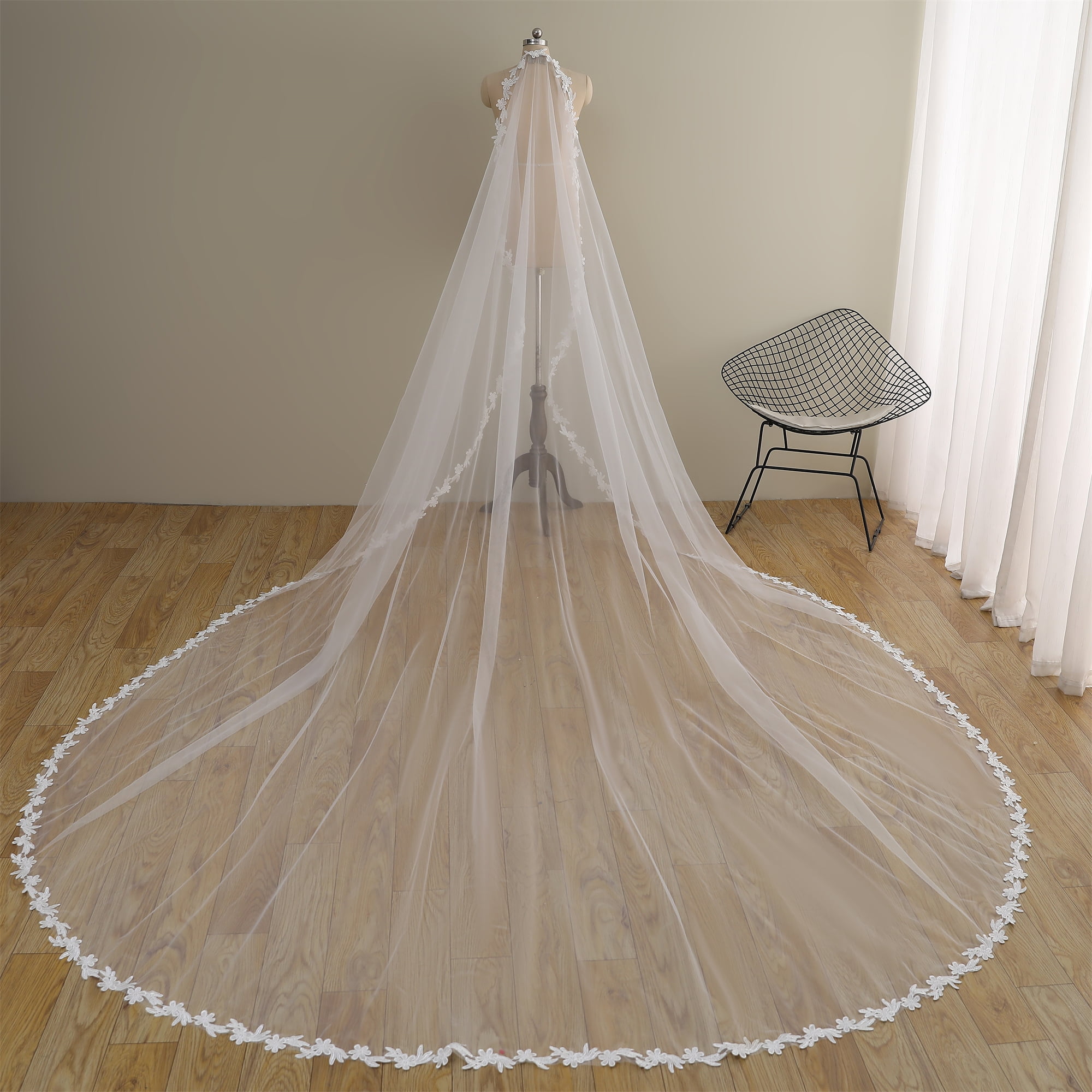 Waltz wedding veil vintage floral lace embroidered, simple single layer ...