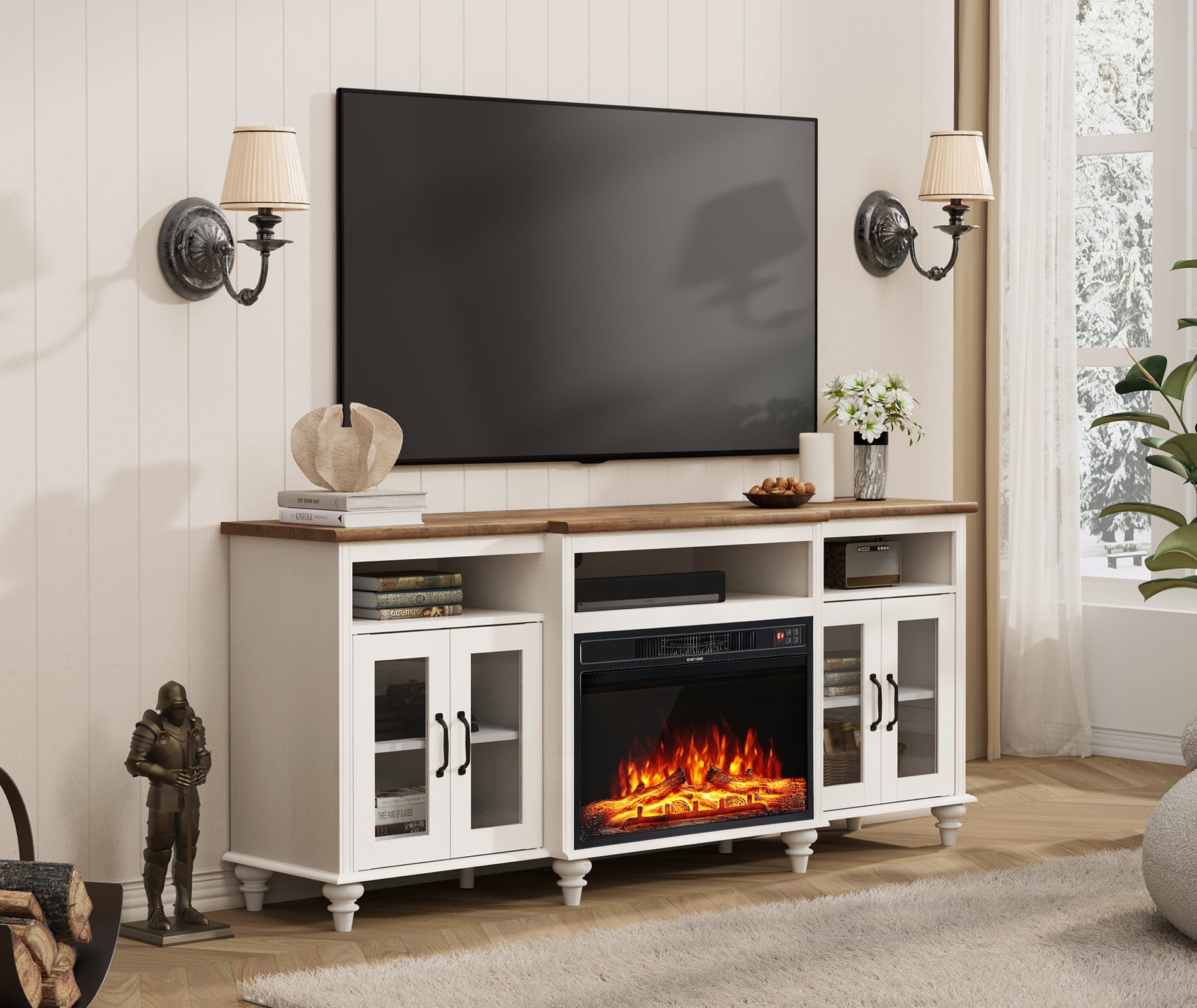 Wampat Antique White Highboy Entertainment Center with 7 Storages, 75 ...