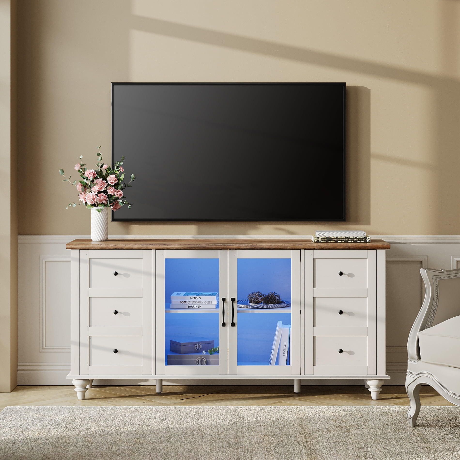 Wampat Easy Assemble Television Stand with Cabinets, Wood White ...