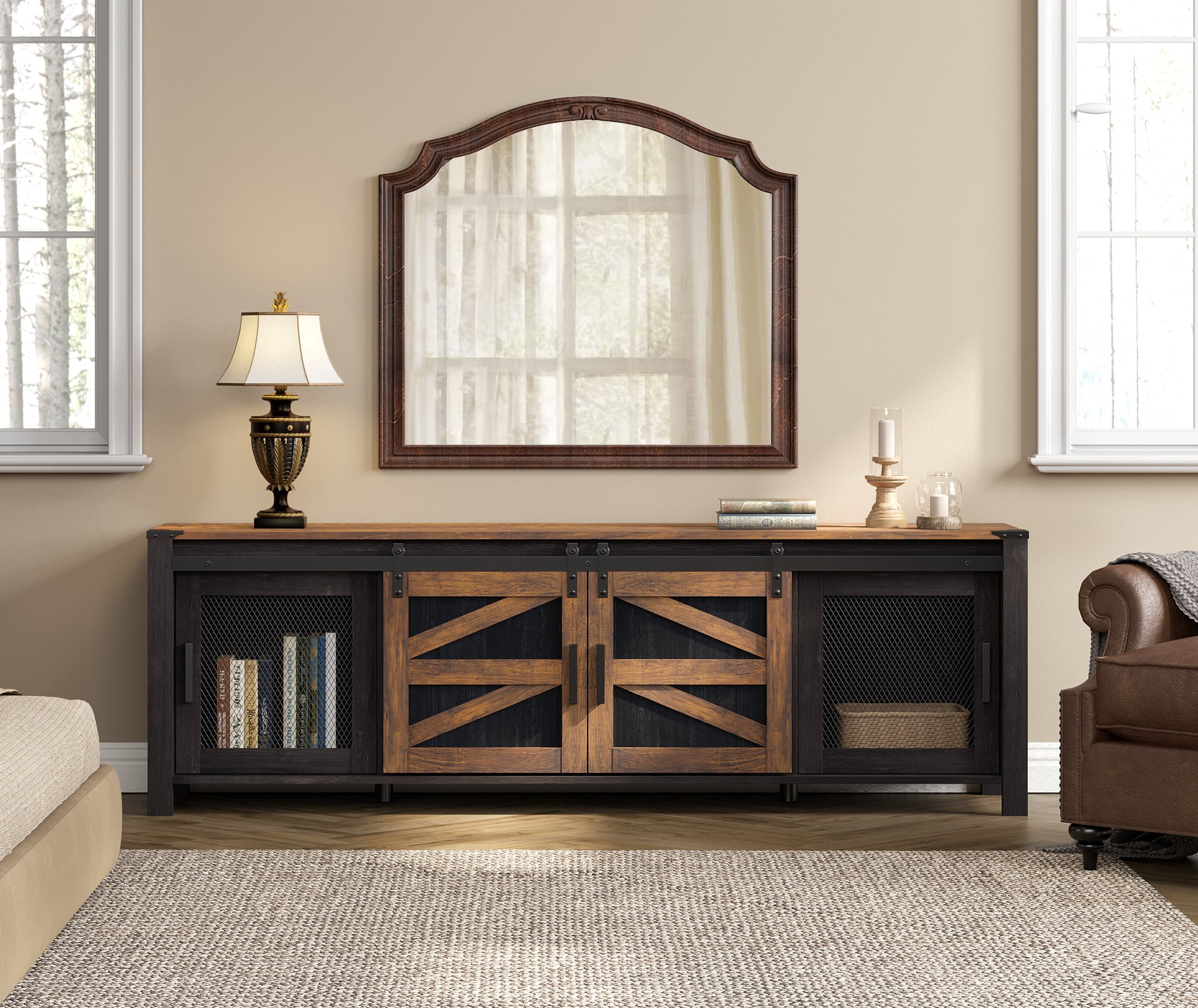Wampat Farmhouse TV Stand, Antique Black & Brown, Wood & Metal, Sliding ...