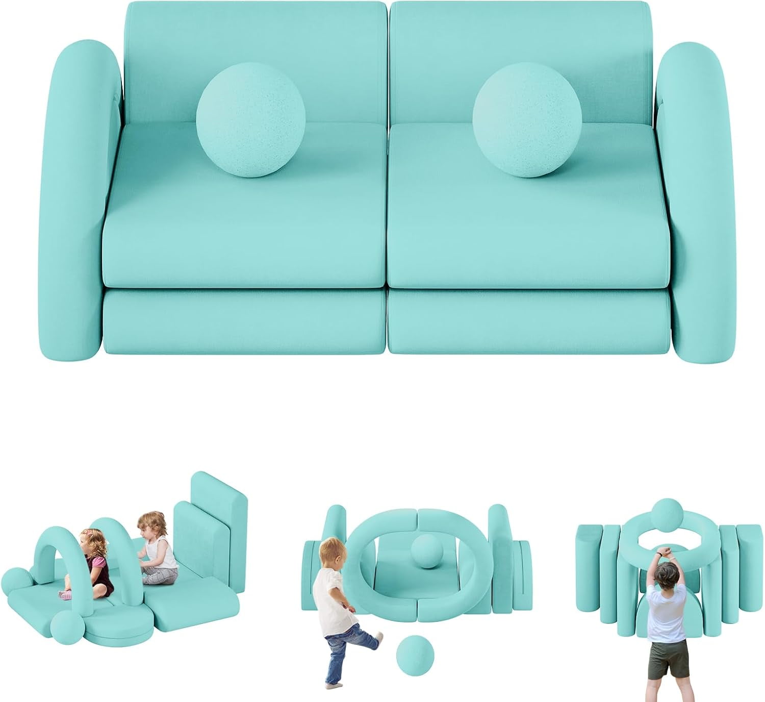 Wanan 12Pcs Modular Kids Play Couch with Balls and Tunnel, Toddler Sofa ...