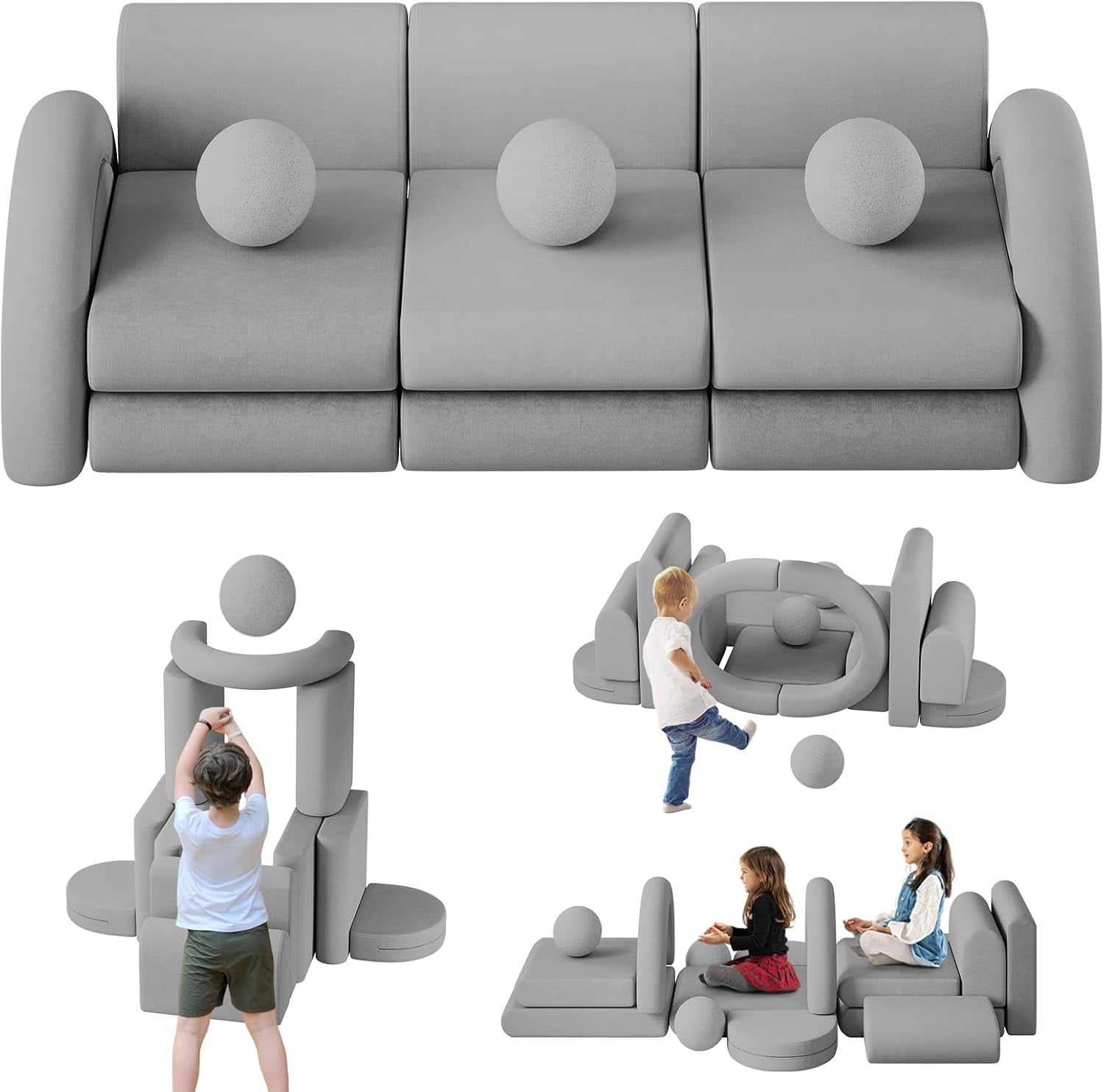 Wanan 16Pcs Modular Kids Play Couch with Balls and Tunnel, Toddler Sofa ...