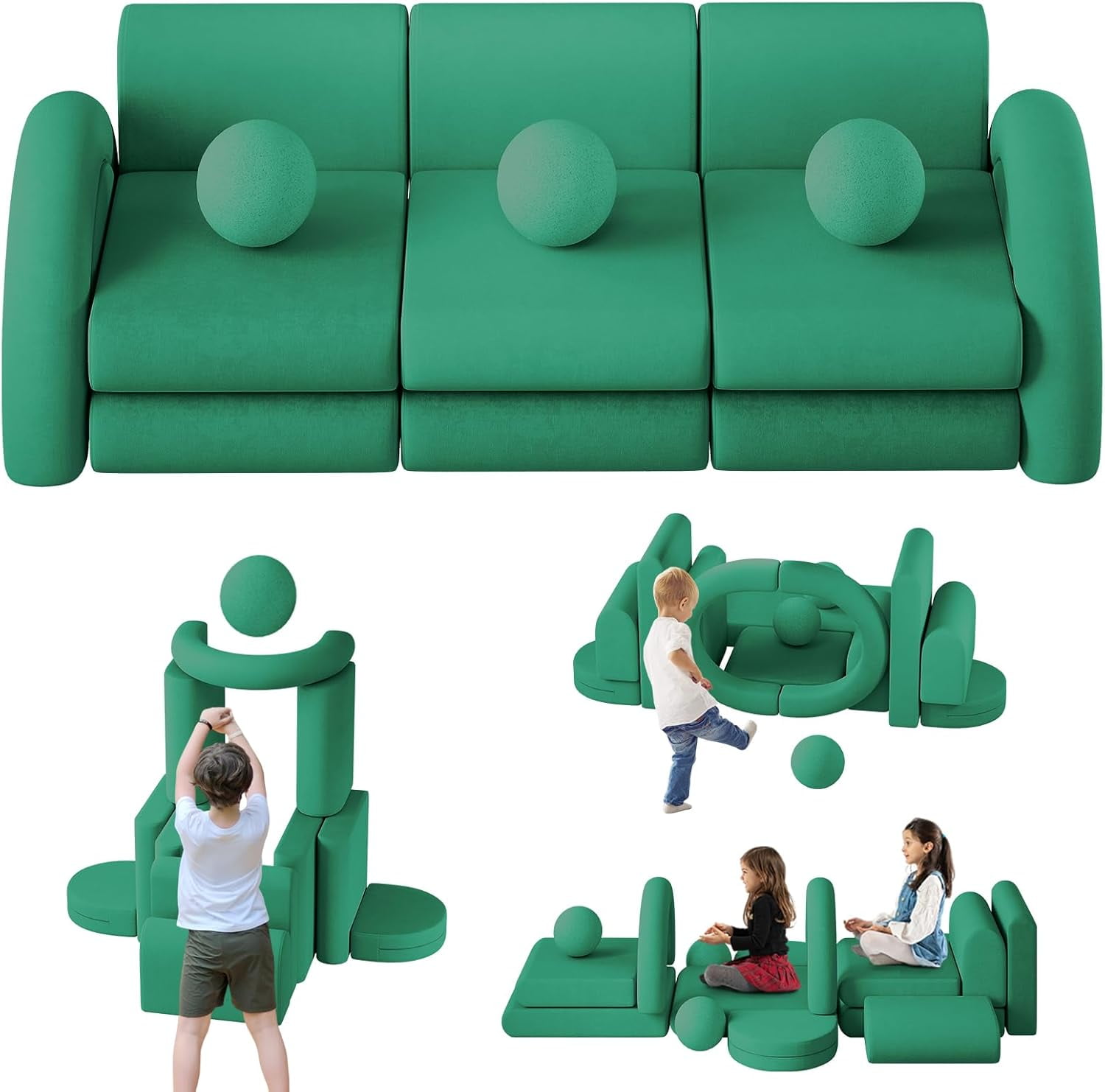 Wanan 16Pcs Modular Kids Play Couch with Balls and Tunnel, Toddler Sofa ...