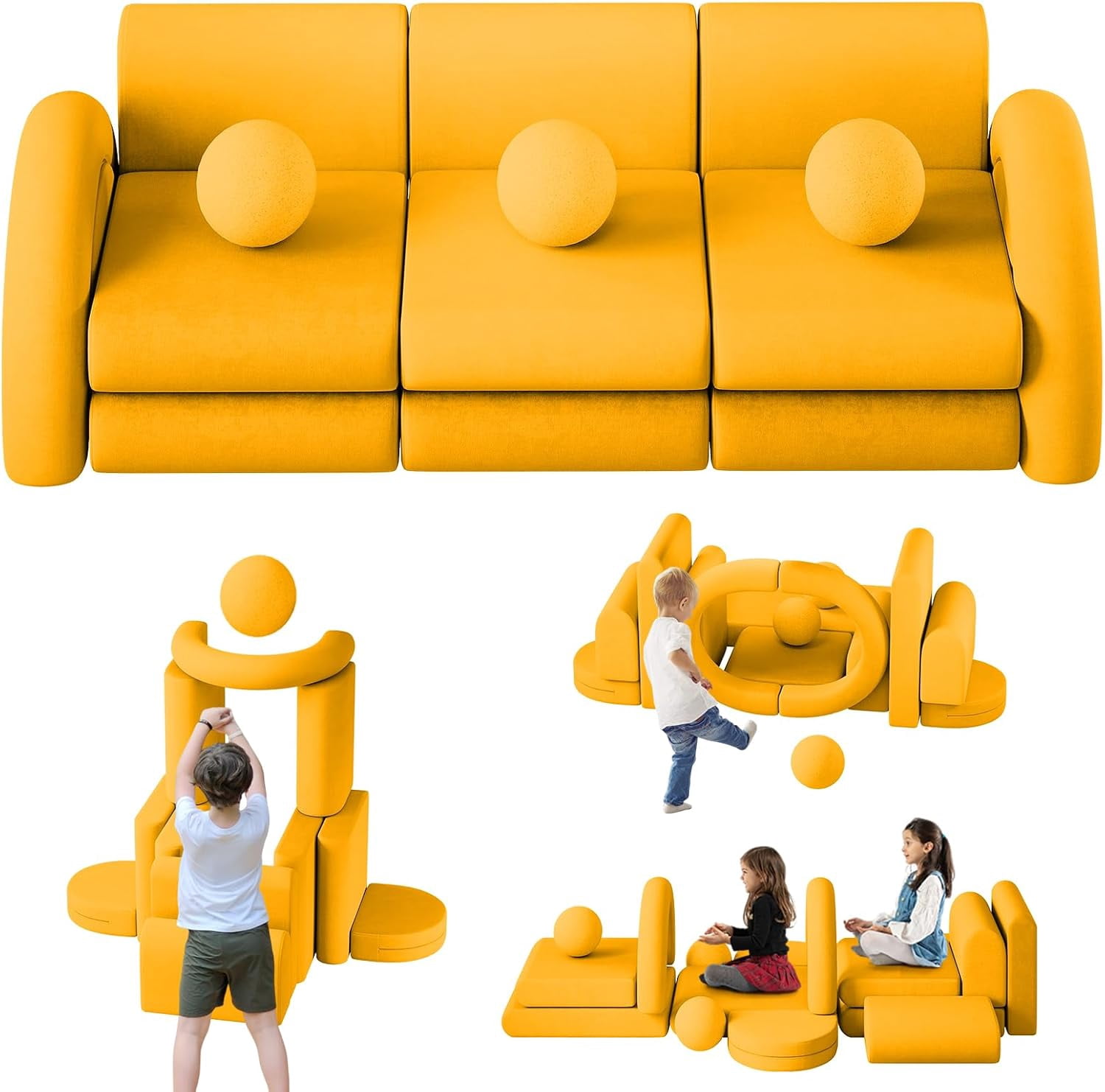 Wanan 16Pcs Modular Kids Play Couch with Balls and Tunnel, Toddler Sofa ...