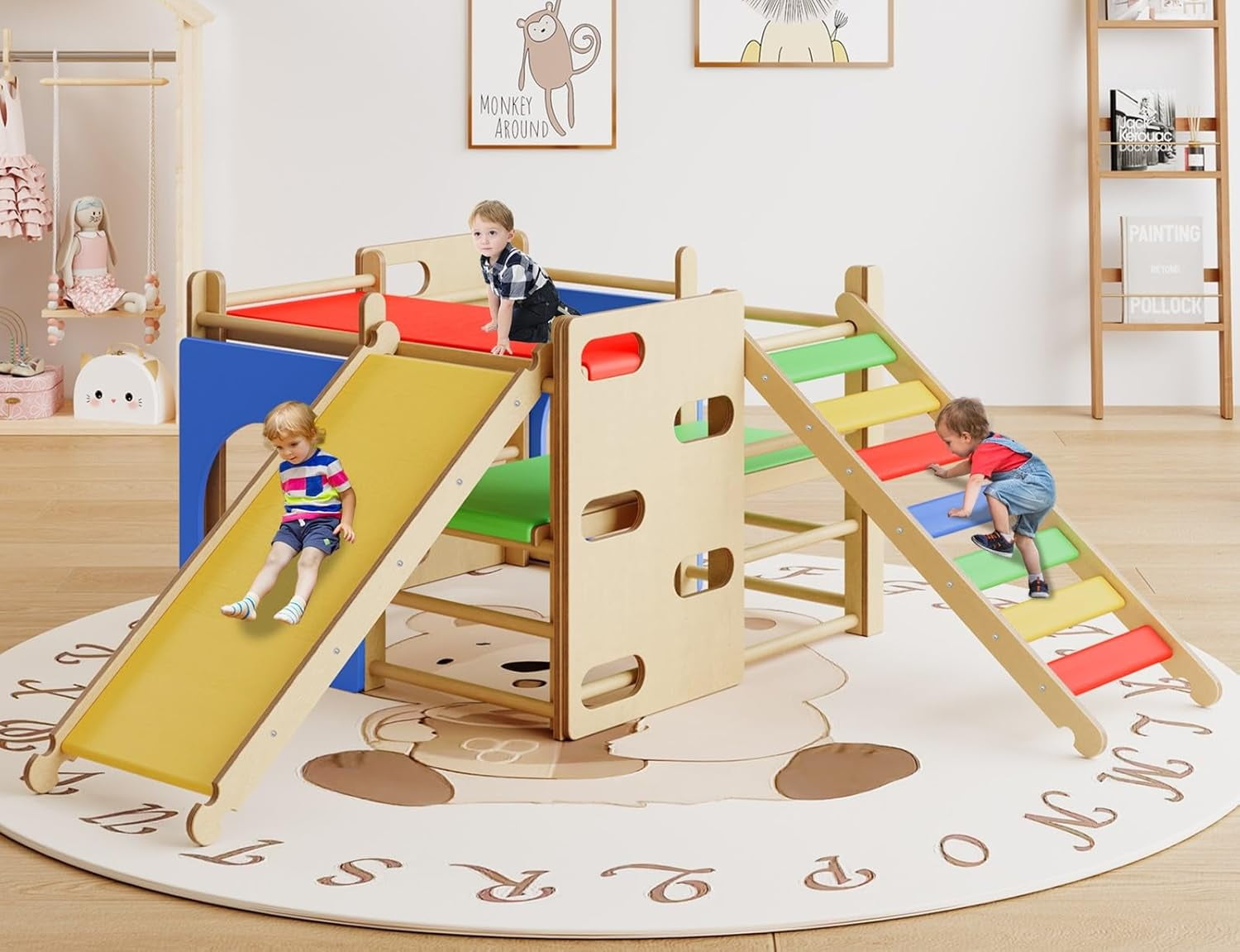 Wanan 7-in-1 Indoor Jungle Gym, Wooden Indoor Playground for Kids 1-3 ...