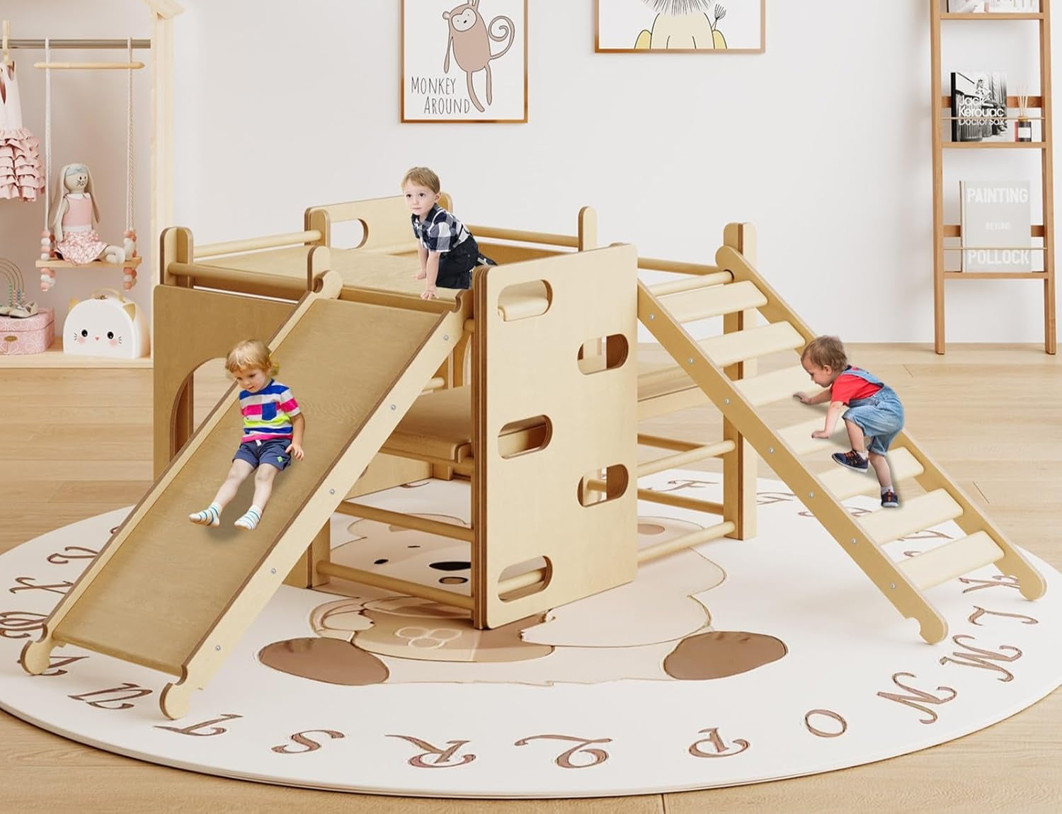 Wanan 7-in-1 Indoor Jungle Gym, Wooden Indoor Playground for Kids 1-3 ...