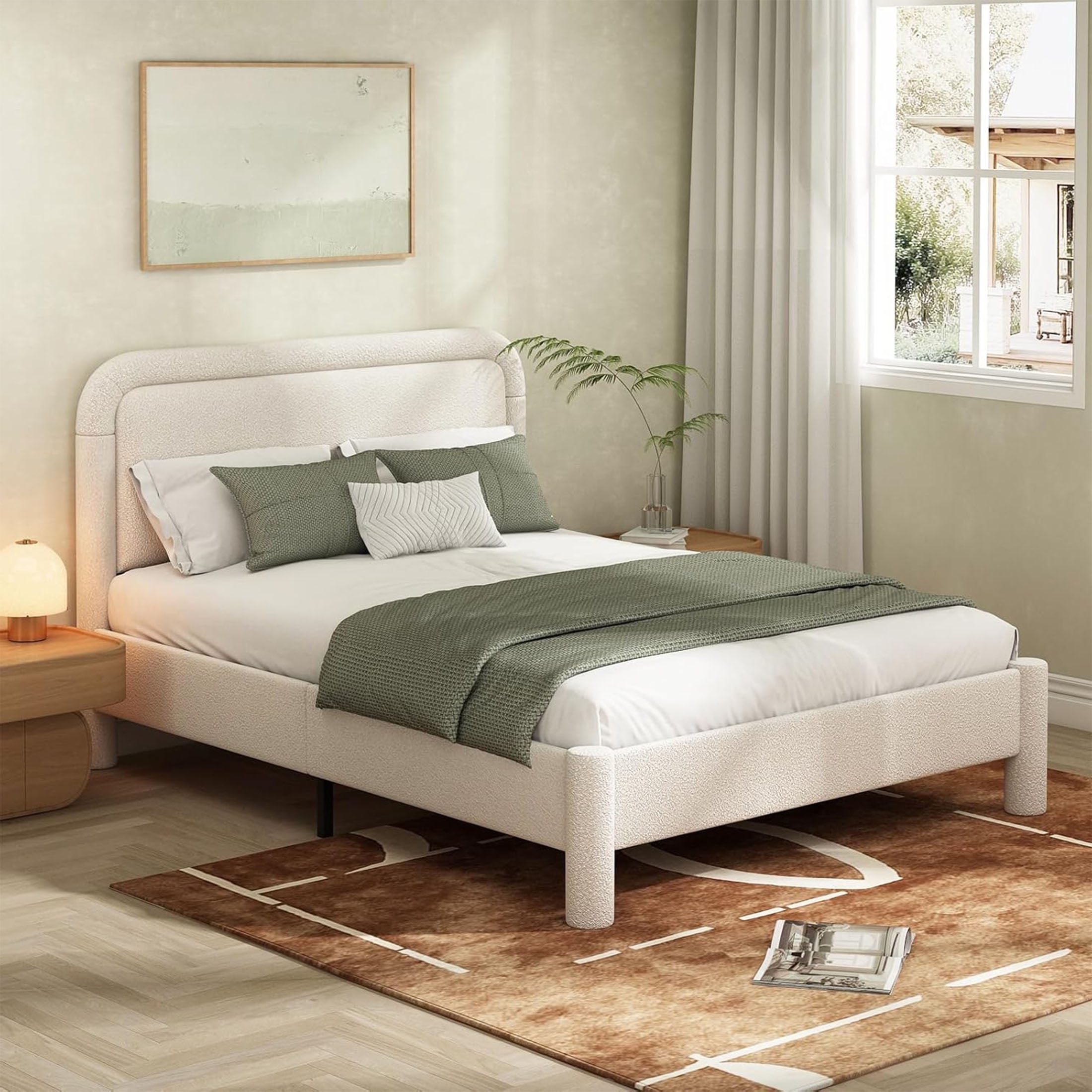 Wanan Queen Bed Frame, Upholstered Bed Frame with Rounded Corners, Soft ...
