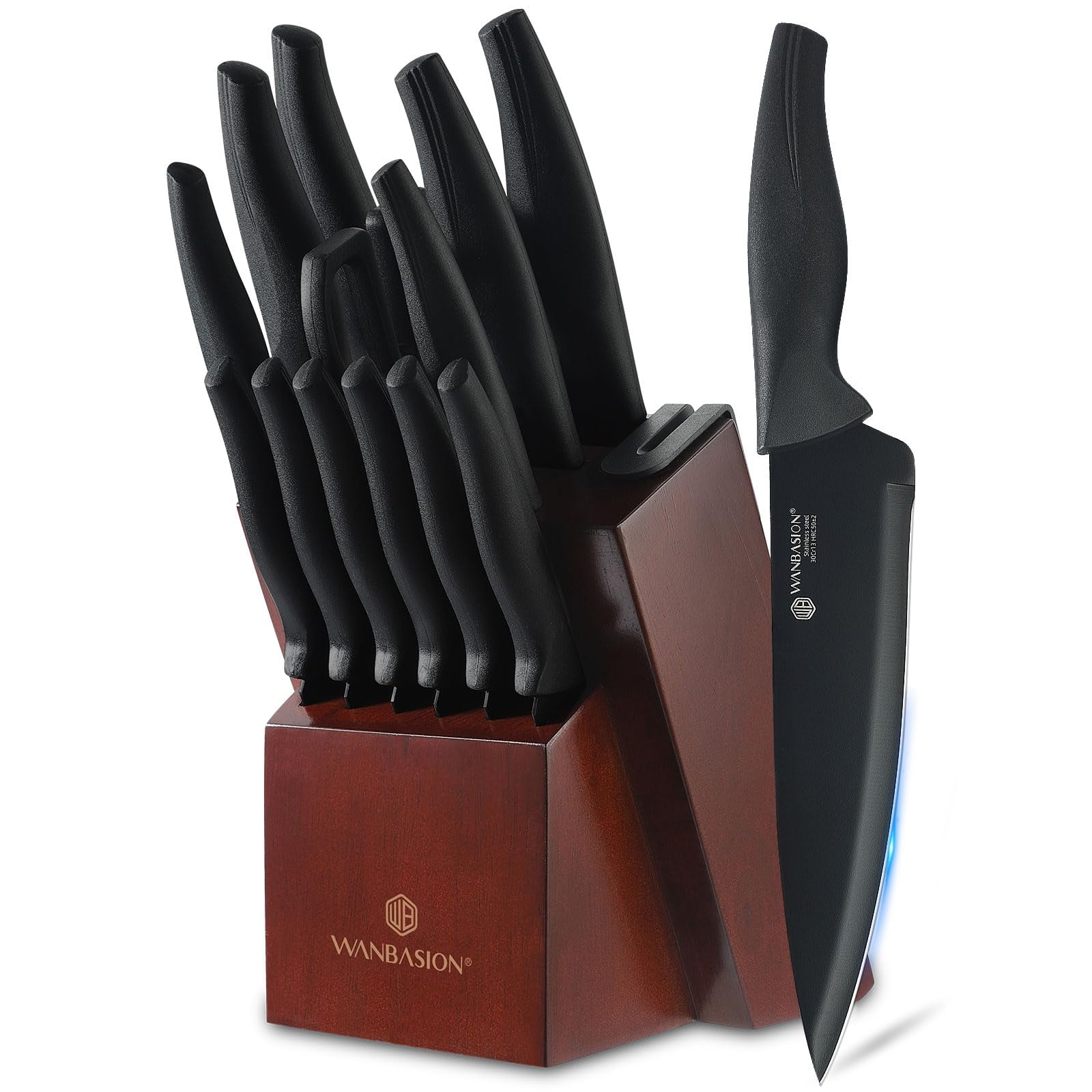 Wanbasion 15Pcs Kitchen Knife Block Set with Sharpener, Sharp Kitchen ...