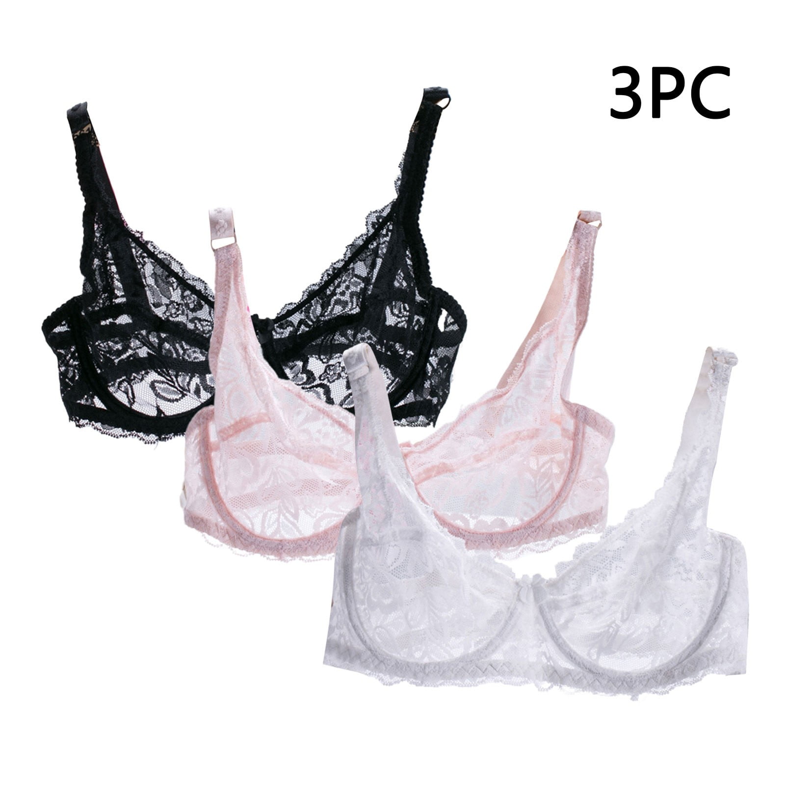 Wancir 3PC Sexy Sheer See Through Bras Unlined Underwire Lace Mesh Non ...