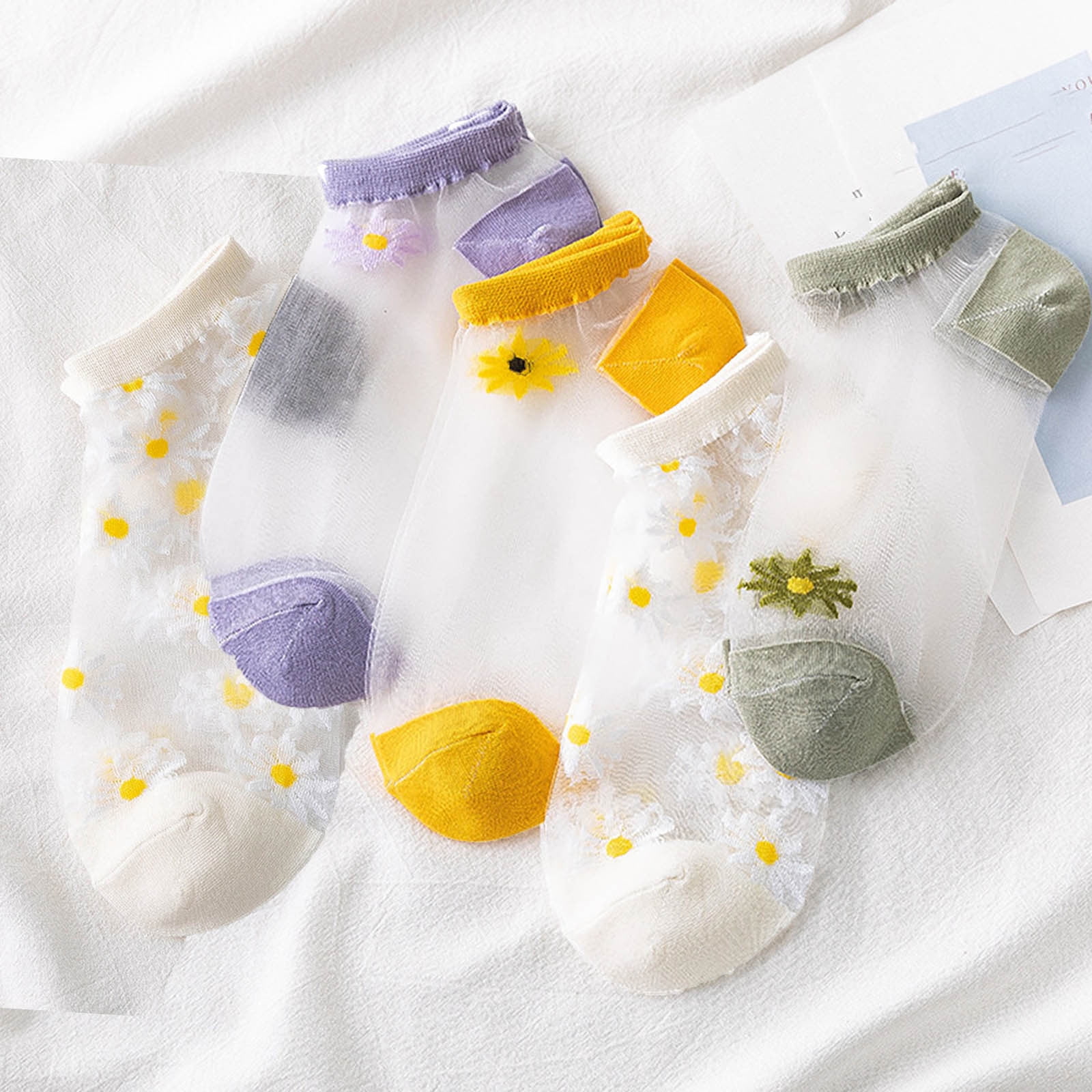 Wancir Daisy Socks Lace Sheer High Ankle Socks 5 Pairs Women ...
