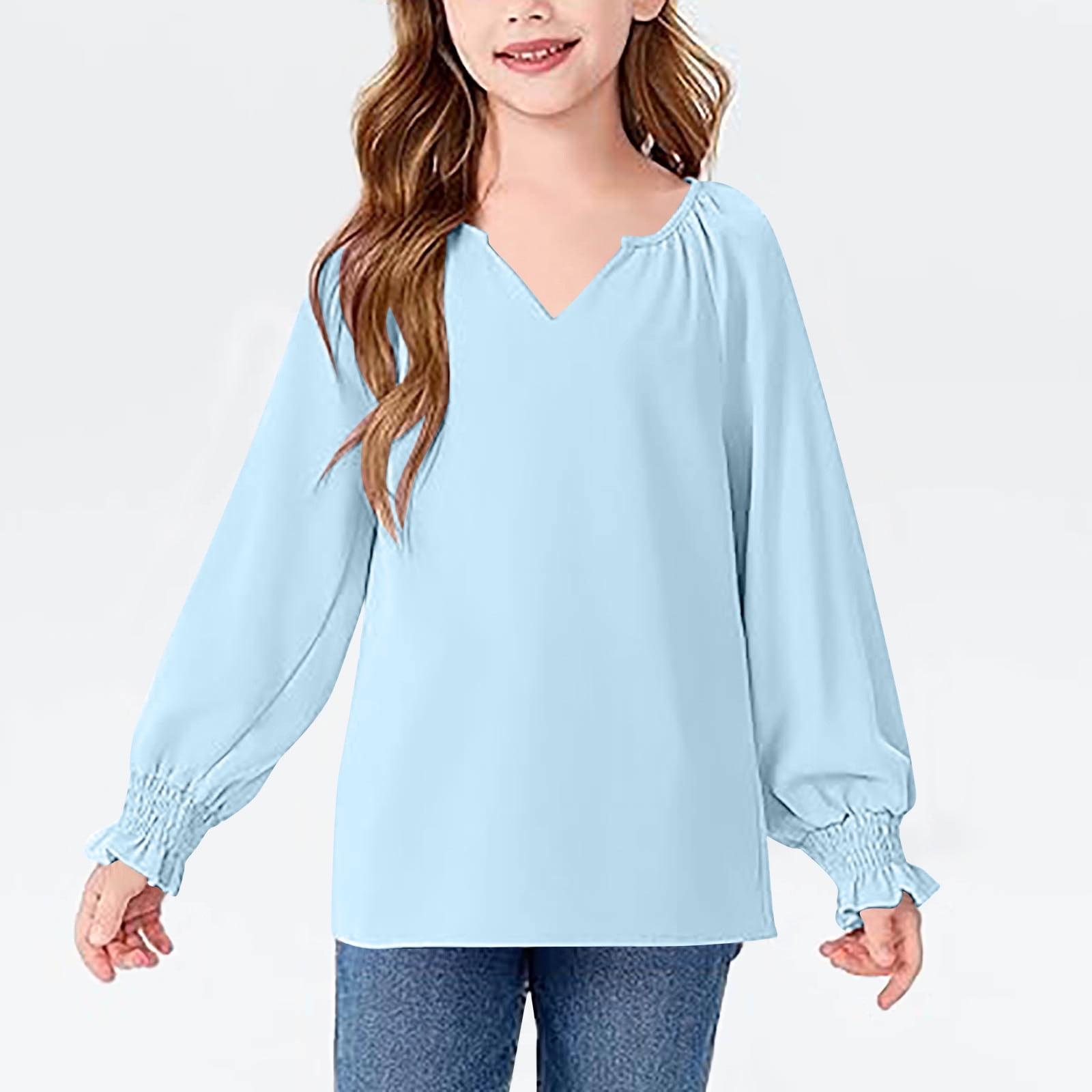 Wancir Girls Long Sleeve Chiffon Blouses V Neck Smocked Cuffs Shirts ...