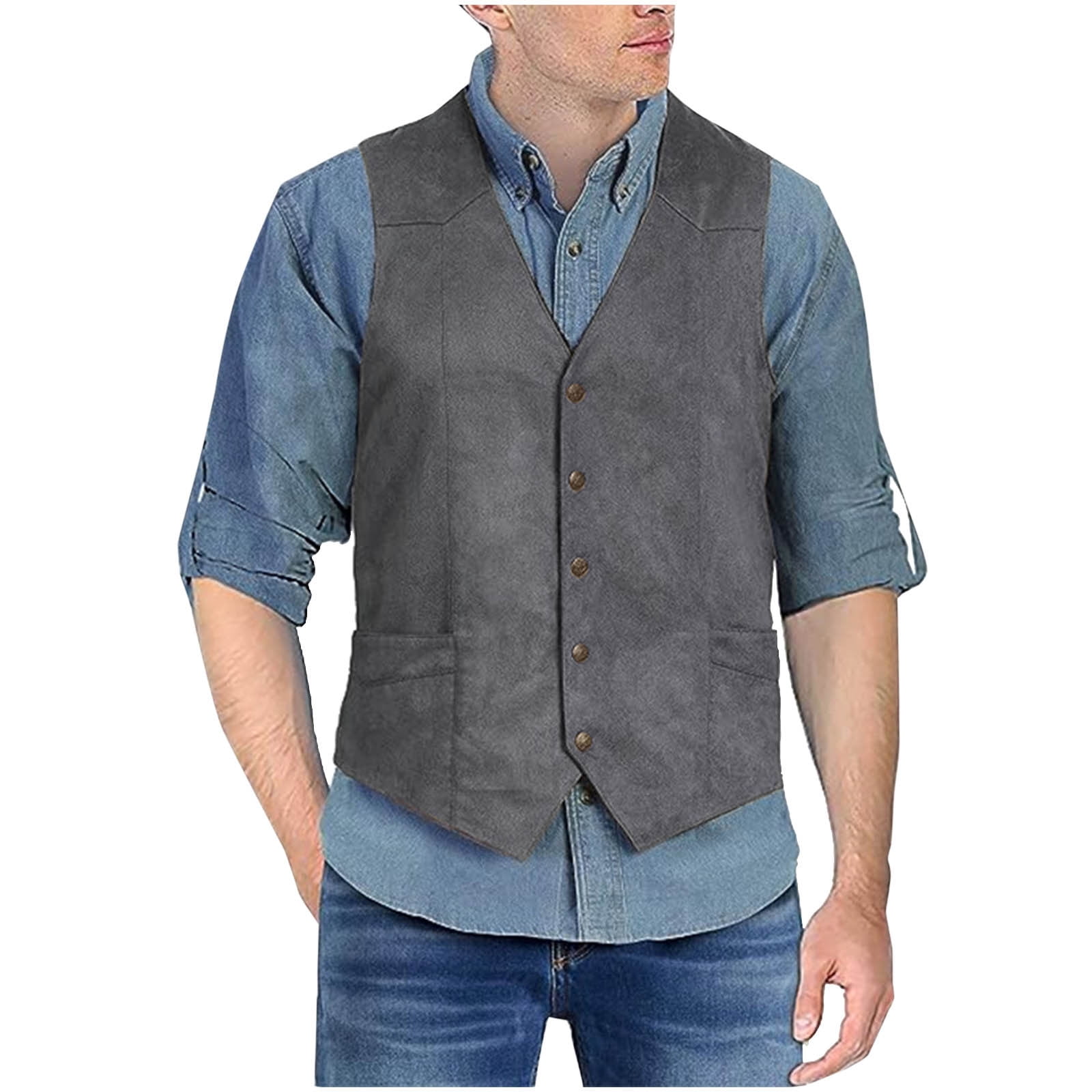 Wancir Men's Suede Leather Suit Vest V Neck Cowboy Vest Vintage 5 Snaps ...