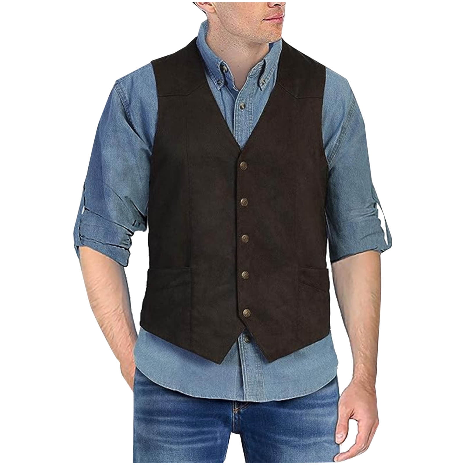 Wancir Men's Suede Leather Suit Vest V Neck Cowboy Vest Vintage 5 Snaps ...