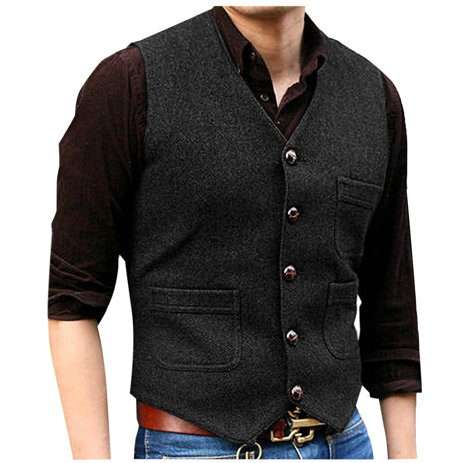 Wancir Men's Suede Leather Suit Vest V Neck Cowboy Vest Vintage 5 Snaps ...