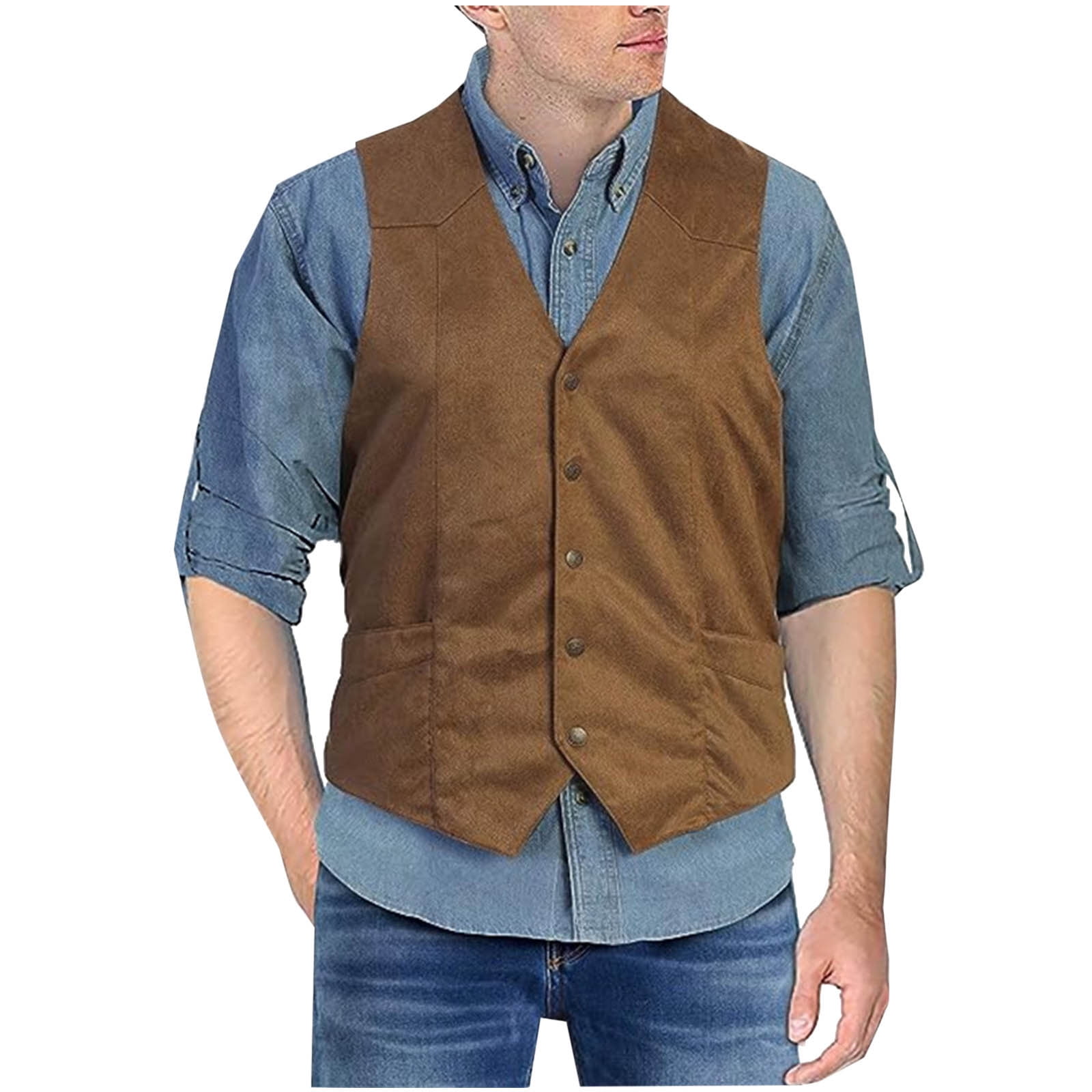 Wancir Men's Suede Leather Suit Vest V Neck Cowboy Vest Vintage 5 Snaps ...
