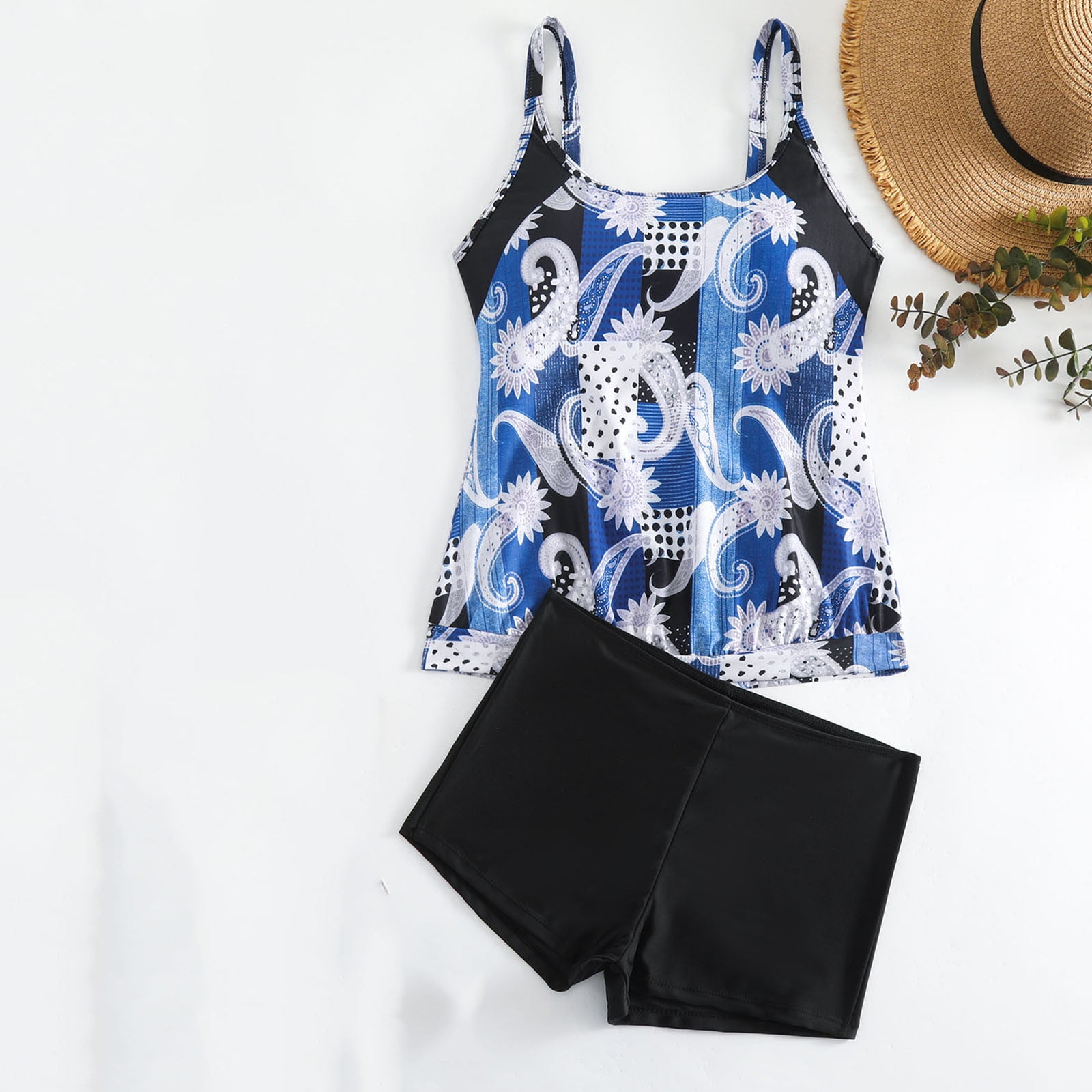 Wancir Two Piece Tankini Bathing Suits T-Back Blouson Swim Tops with ...